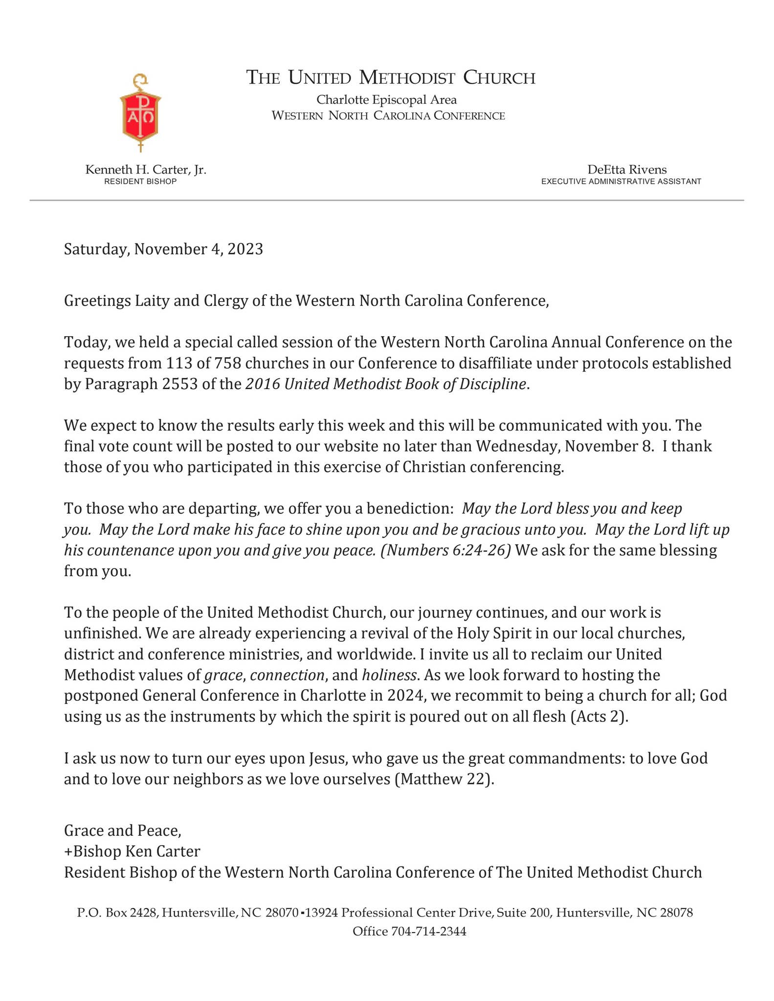 Bishop Carter Post Conference Letter by Centenary United Methodist ...