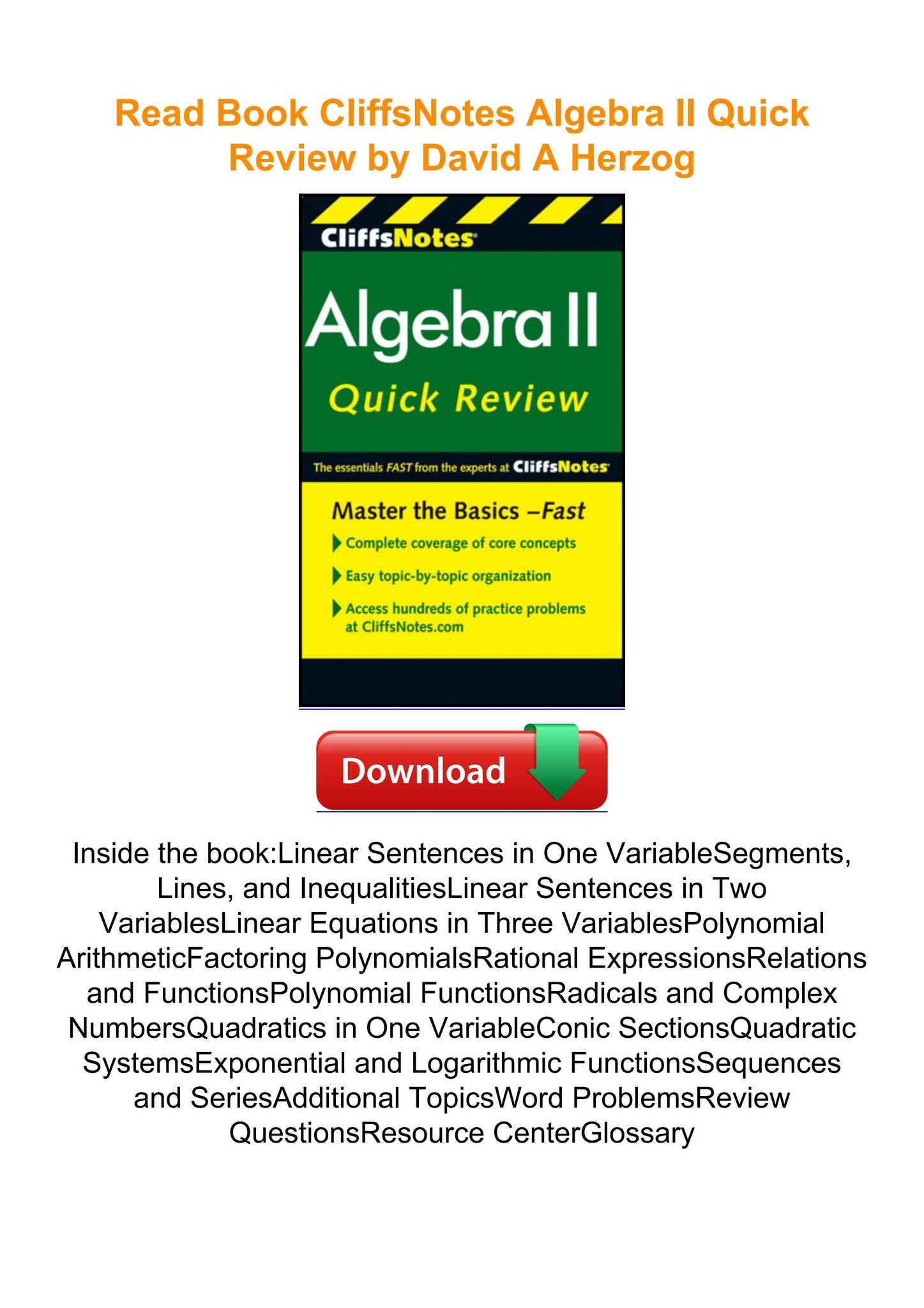 Read Book CliffsNotes Algebra II Quick Review by David A Herzog by ...