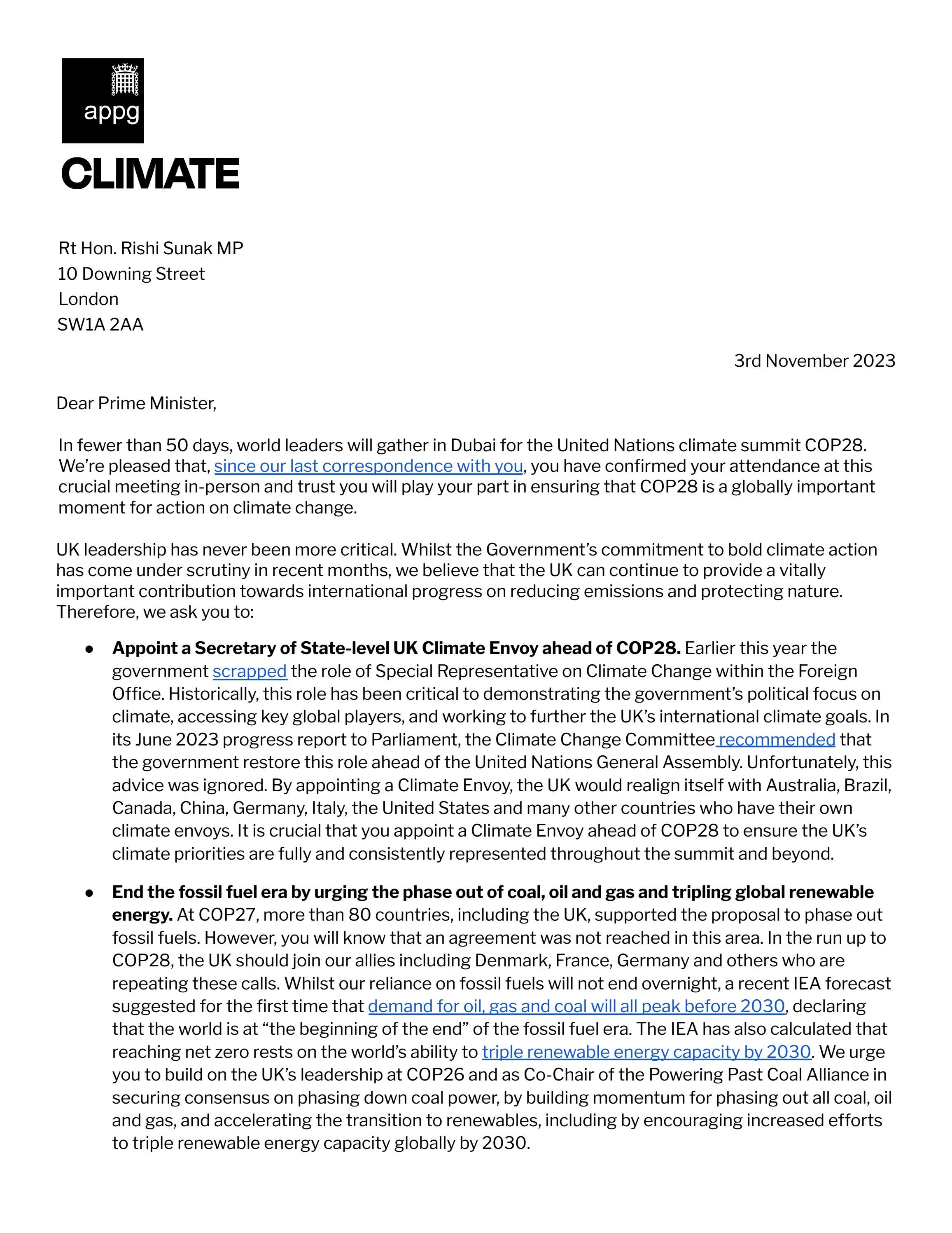 The Climate APPG letter to the Prime Minister about COP28 by ...