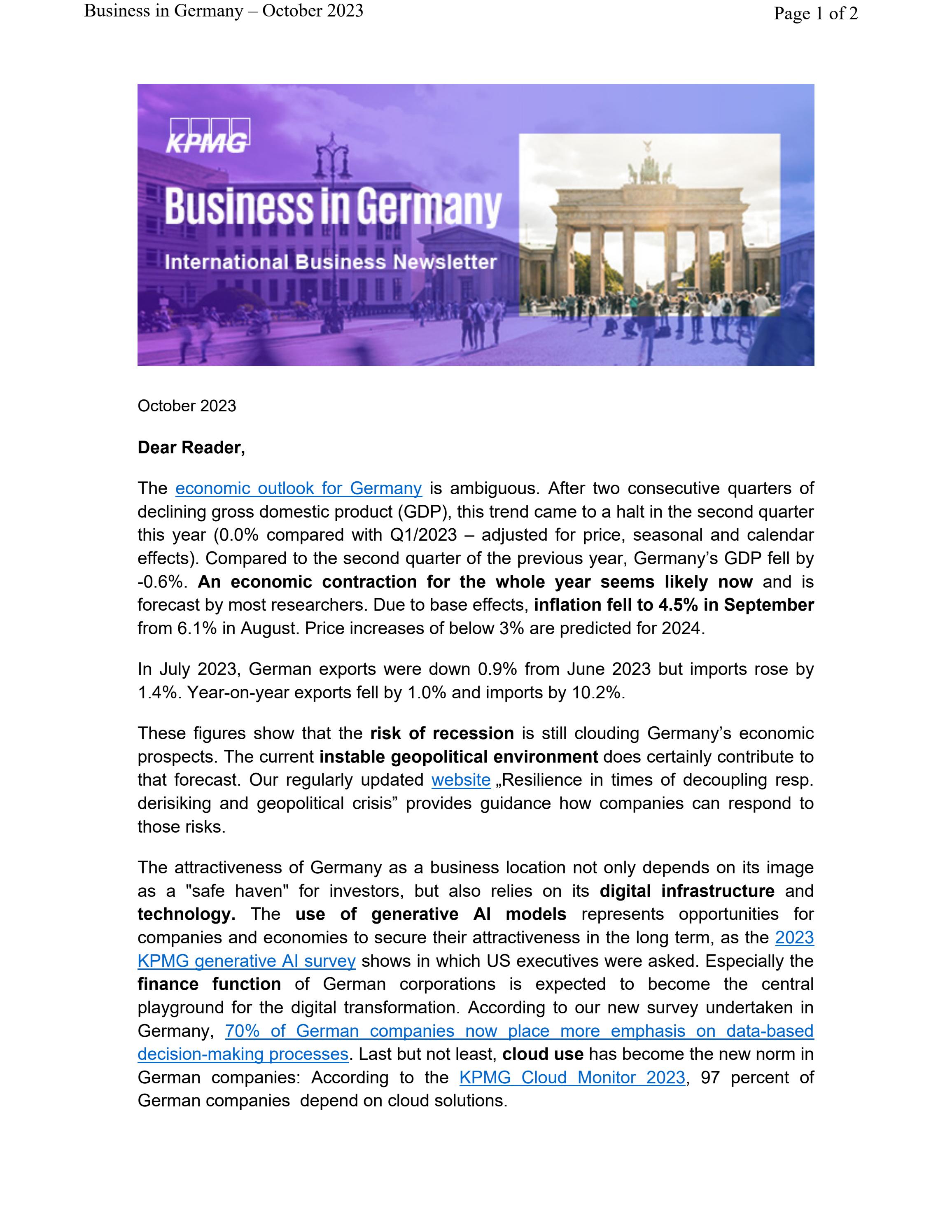 KPMG's Business in Germany Newsletter - Issue October 2023 - Preview by ...