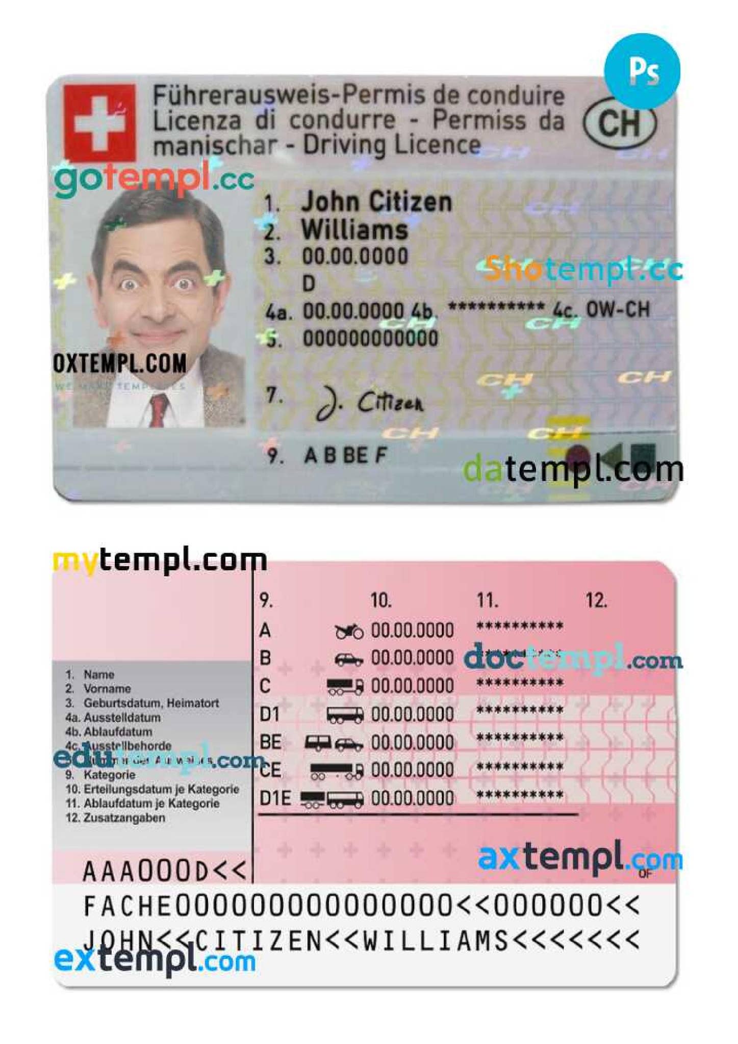 Switzerland driving license template in PSD format, fully editable by ...