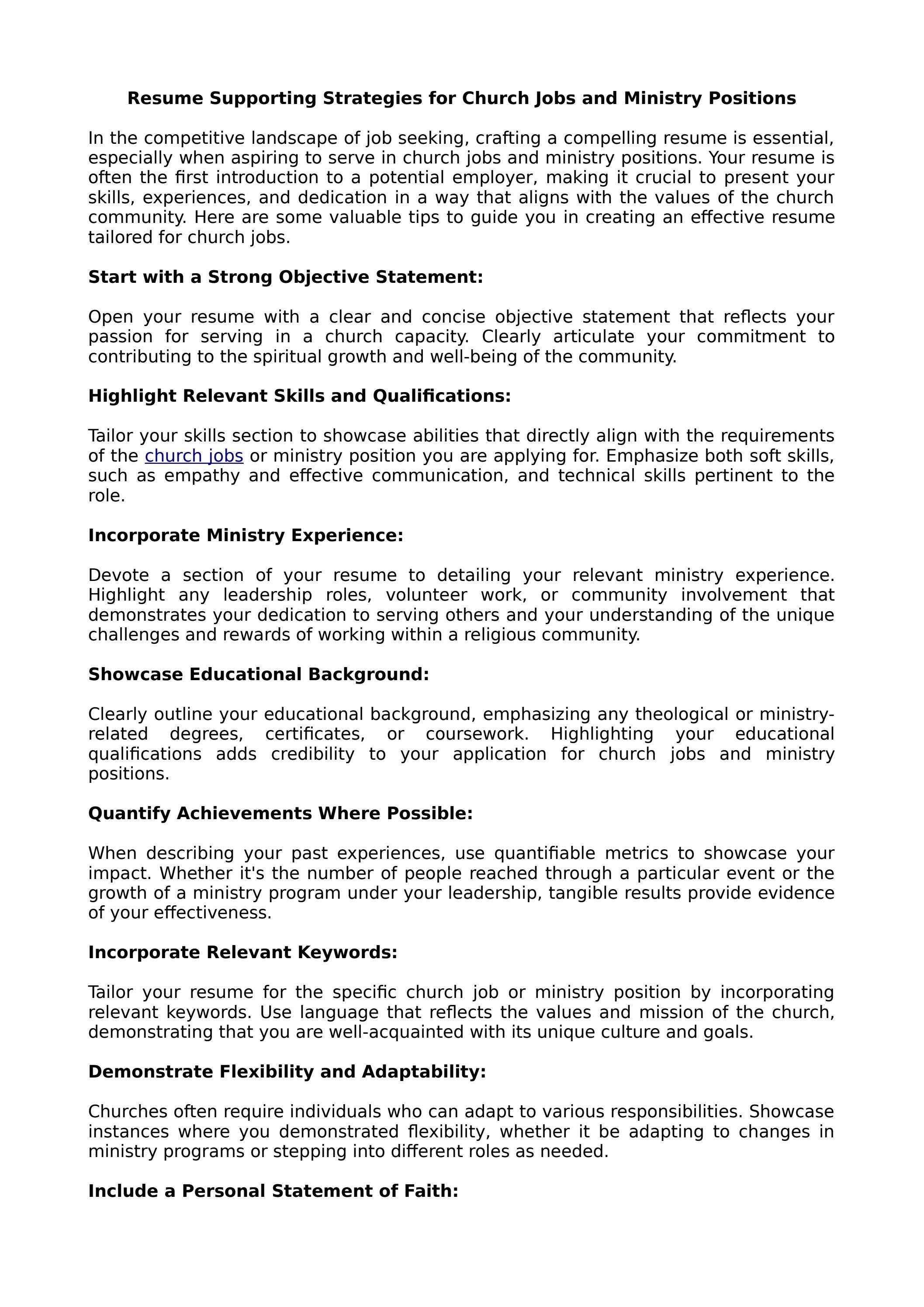 Resume Supporting Strategies for Church Jobs and Ministry Positions by ...