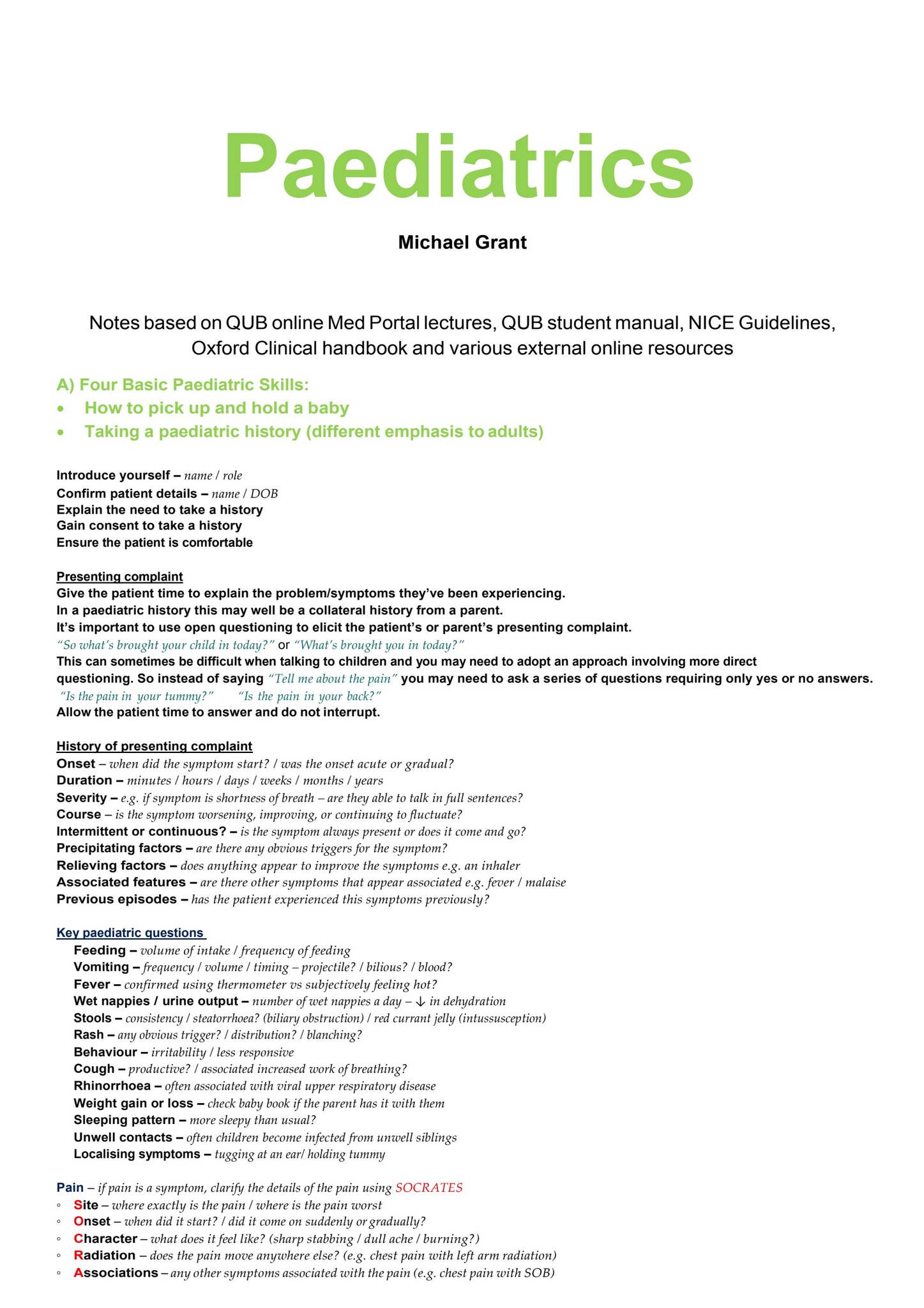 Paediatrics Michael Grant: Notes based on QUB online Med Portal ...