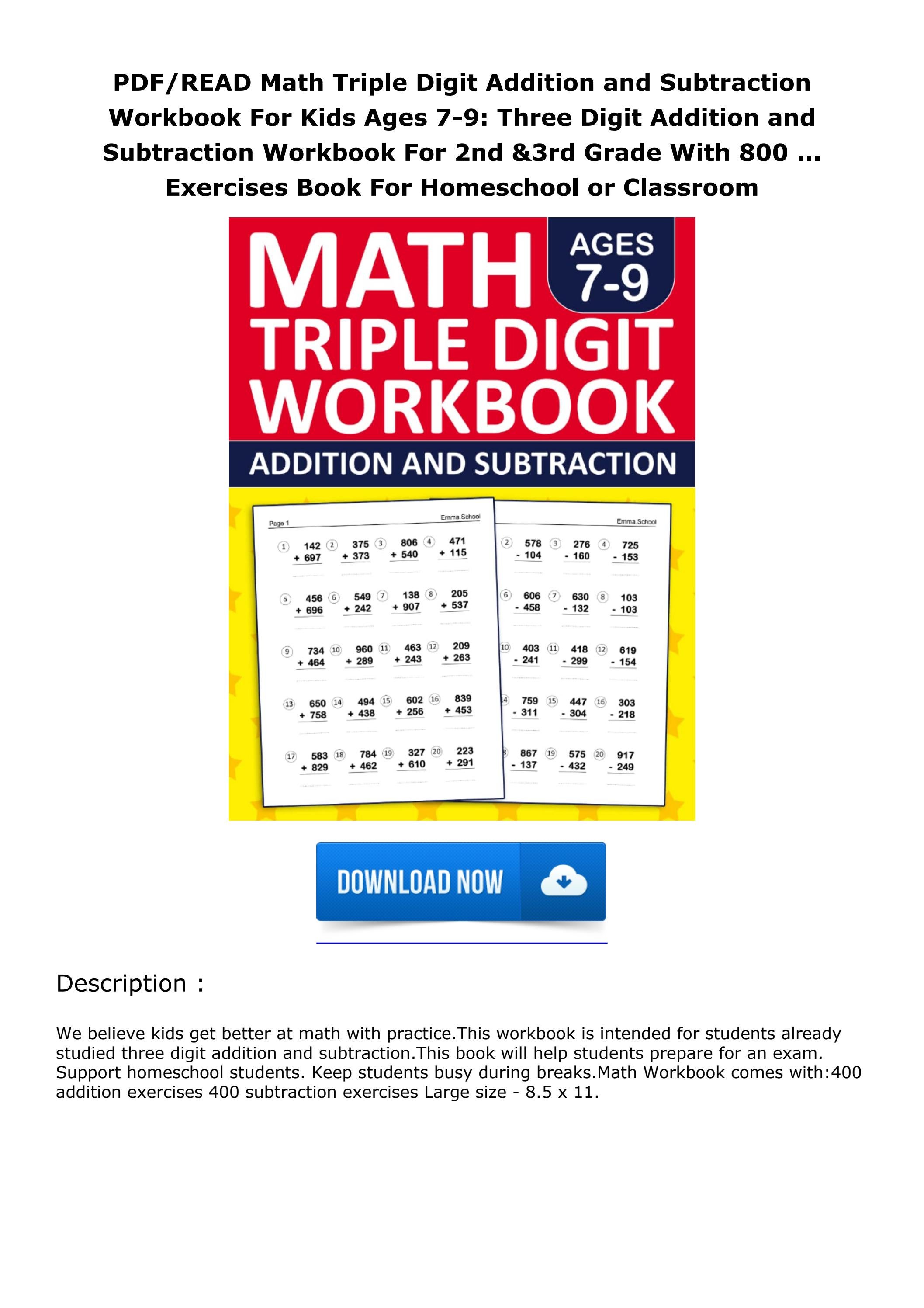 PDF/READ Math Triple Digit Addition and Subtraction Workbook For Kids ...