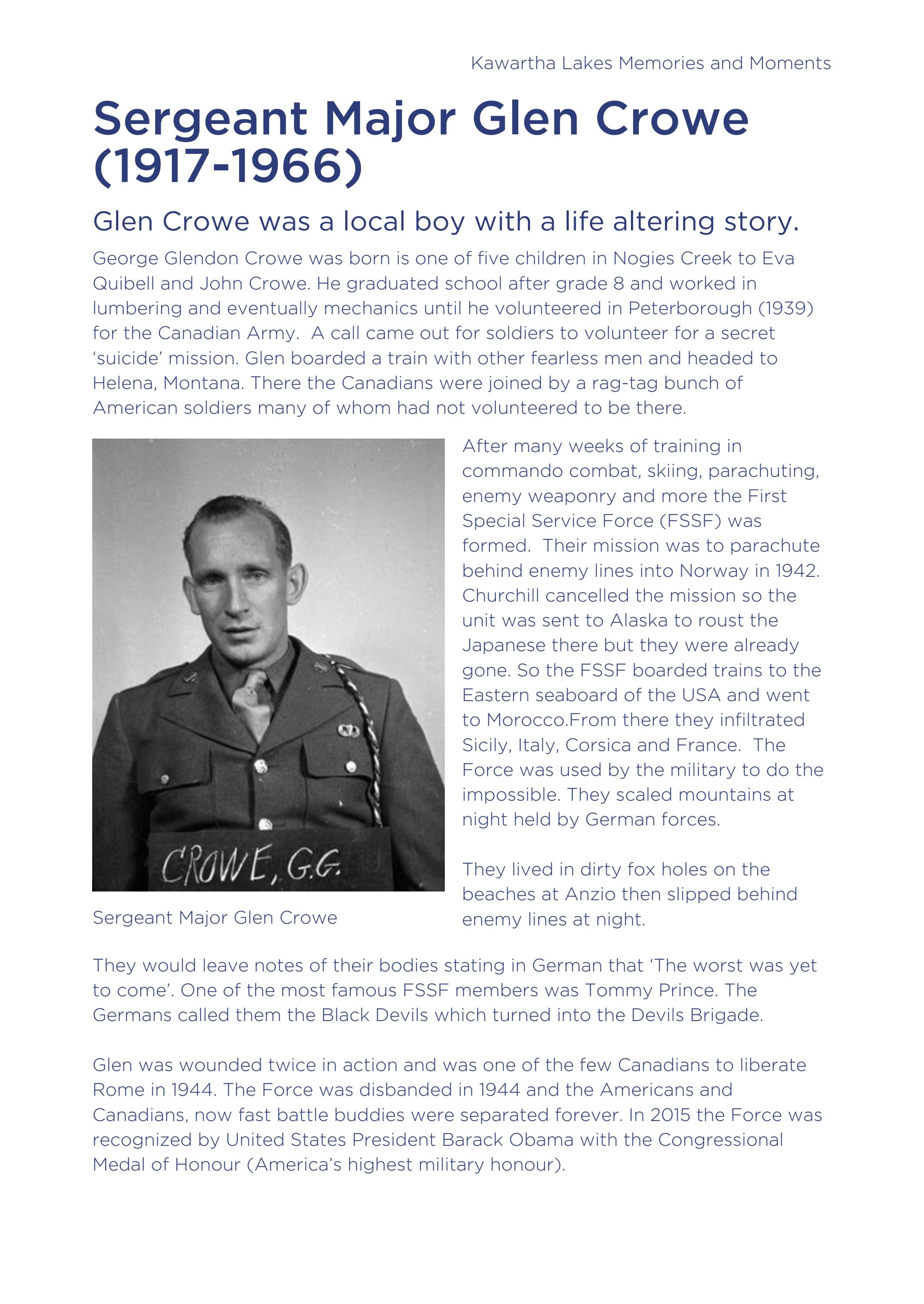 Kawartha Lakes Moments and Memories: Sergeant Major Glen Crowe (1917 ...