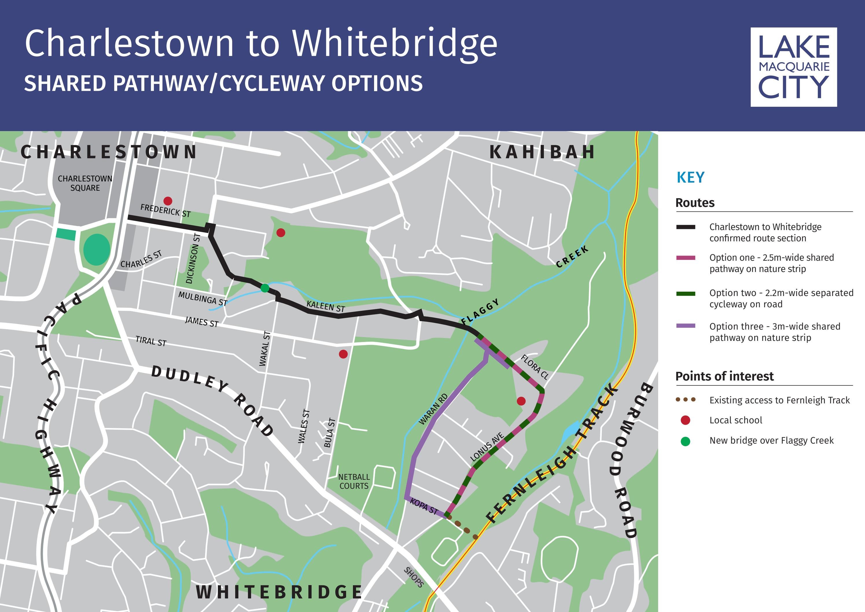 Charlestown to Whitebridge shared pathway/cycleway options map by Lake ...