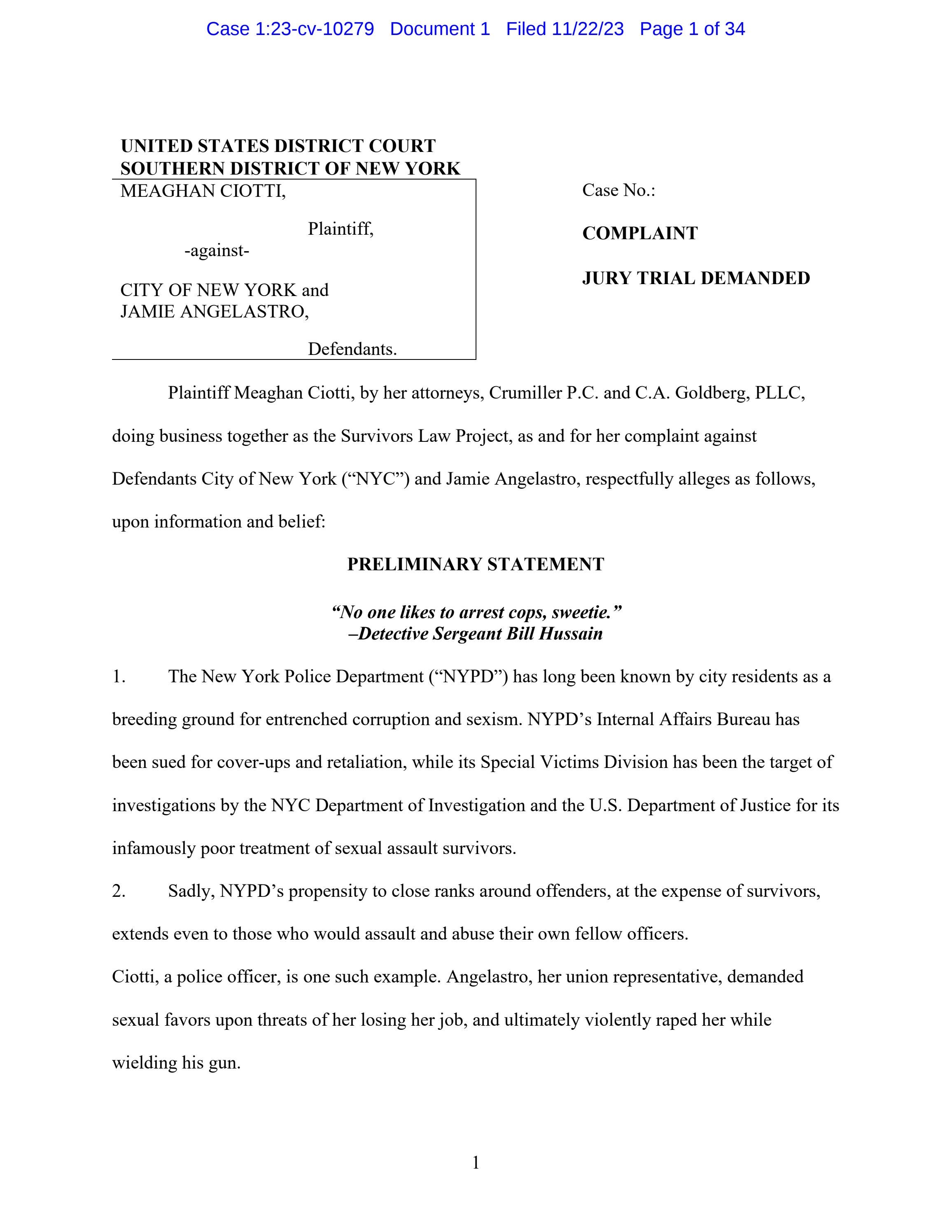 Adult Survivors Act Lawsuit against NYPD and Jamie Angelastro - filed ...