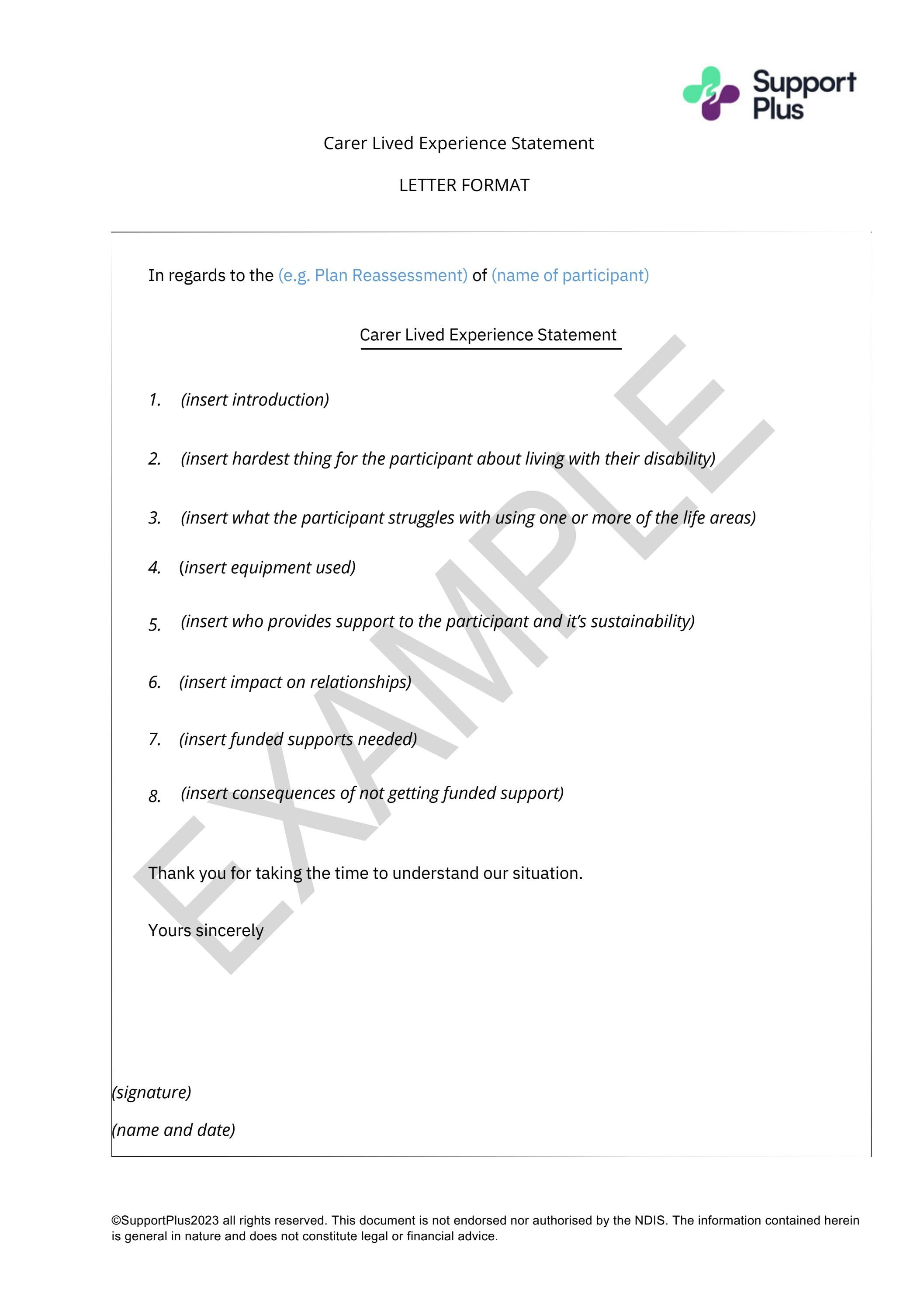 Carer Lived Experience Statement - Example Letter Format by ...