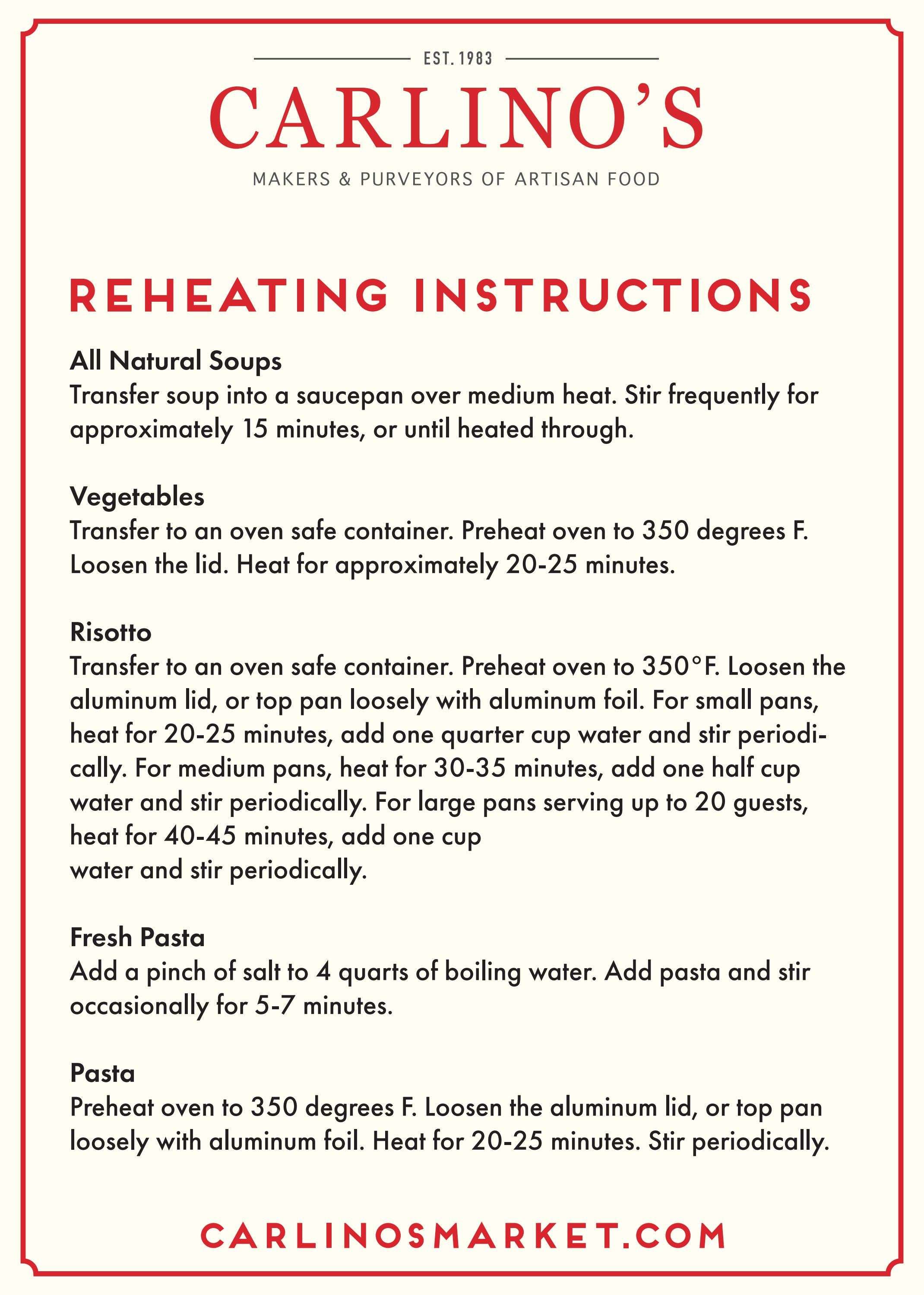 Reheating Instructions by CarlinosMarket - Issuu