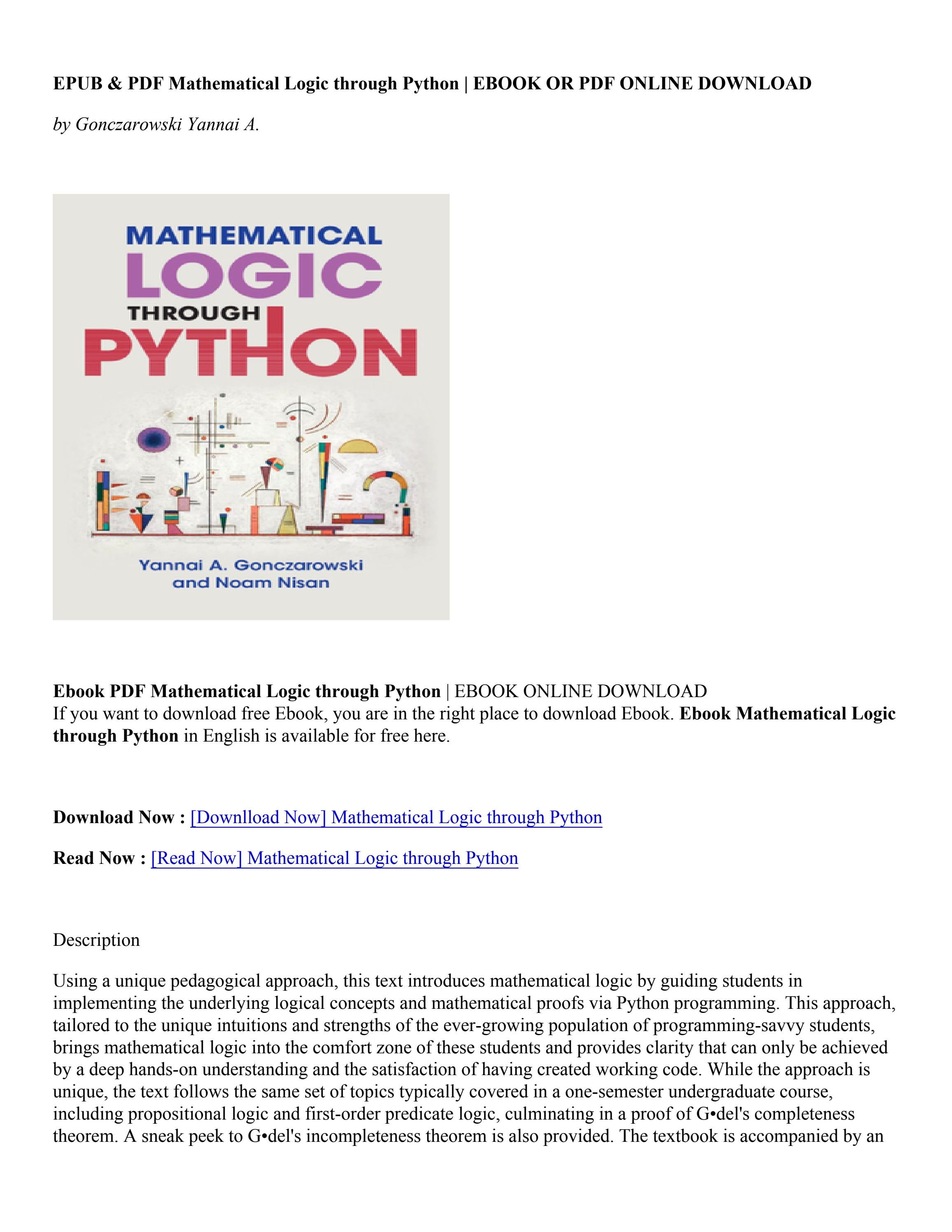 [PDF Download] Mathematical Logic through Python - Gonczarowski Yannai ...