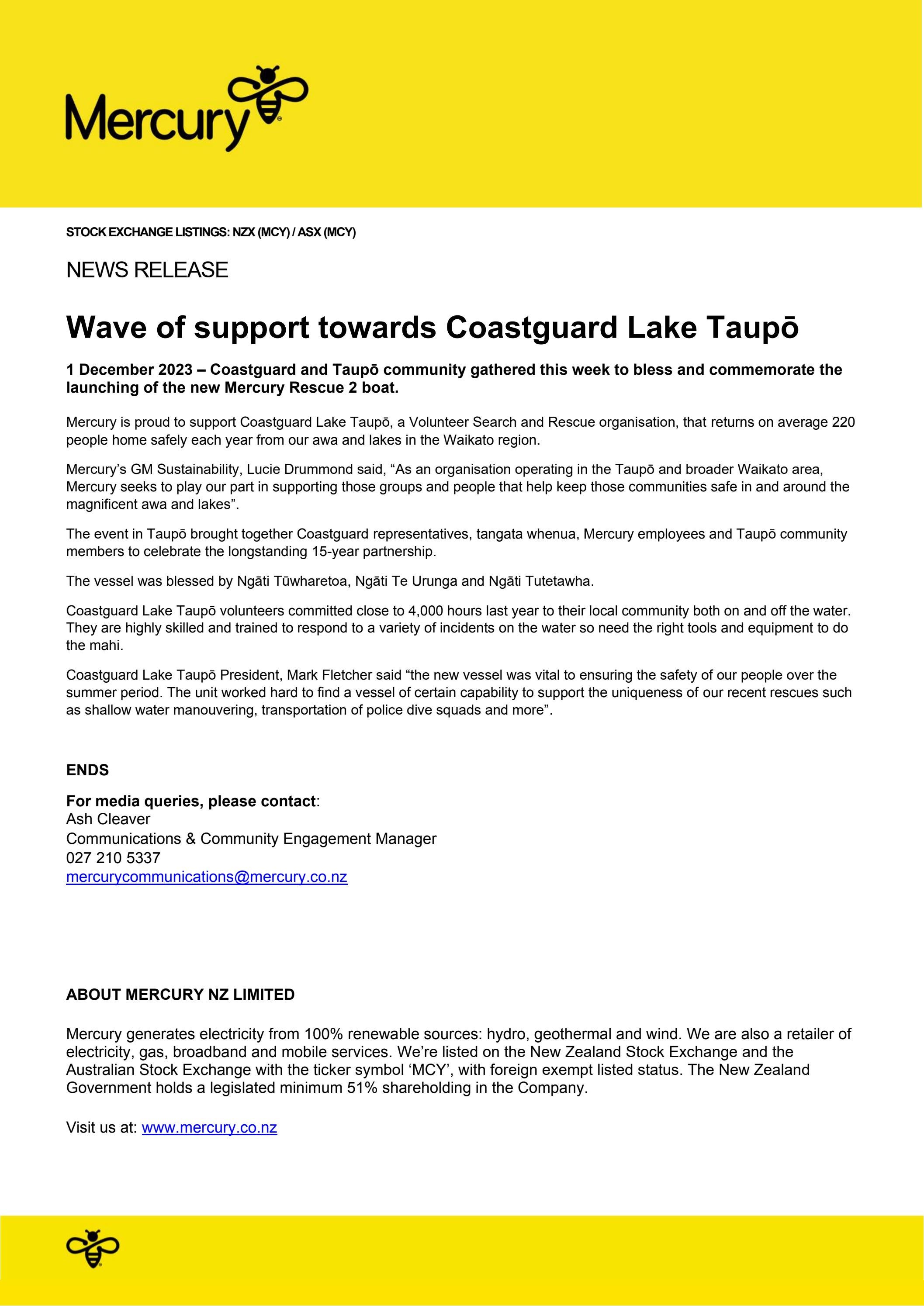 Wave of support towards Coastguard Lake Taupō by Mercury - Issuu