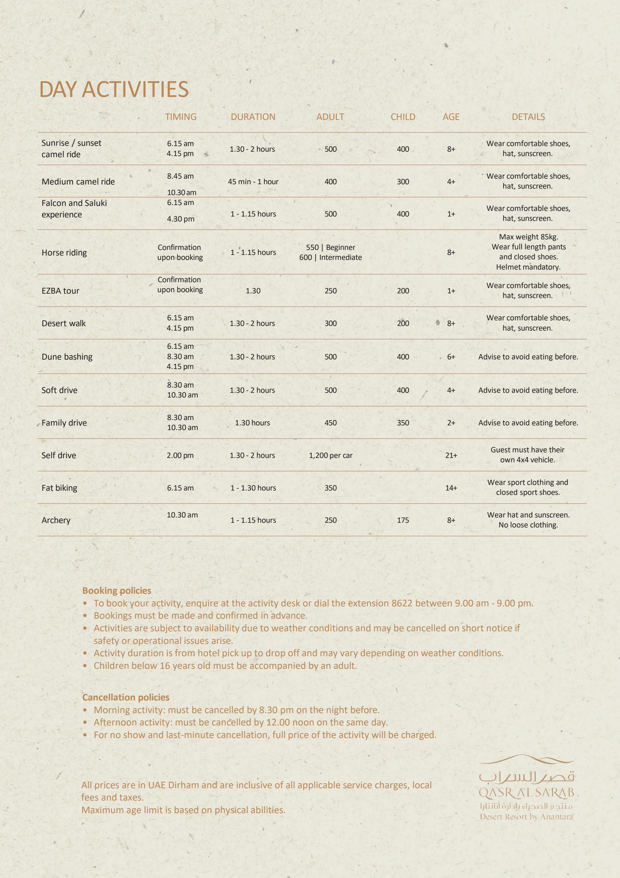 QAS - Activities and Experiences - Price list by ...