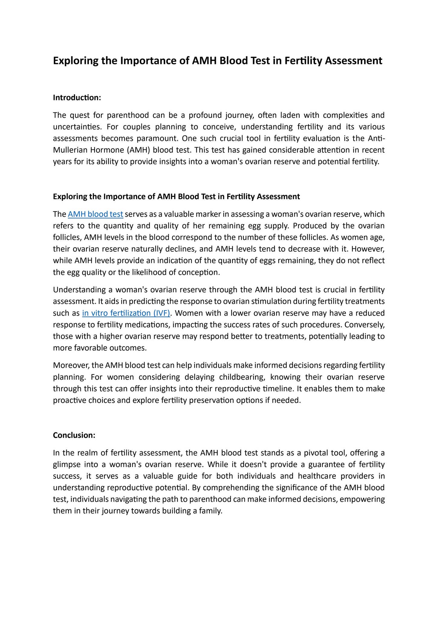 Exploring the Importance of AMH Blood Test in Fertility Assessment by ...