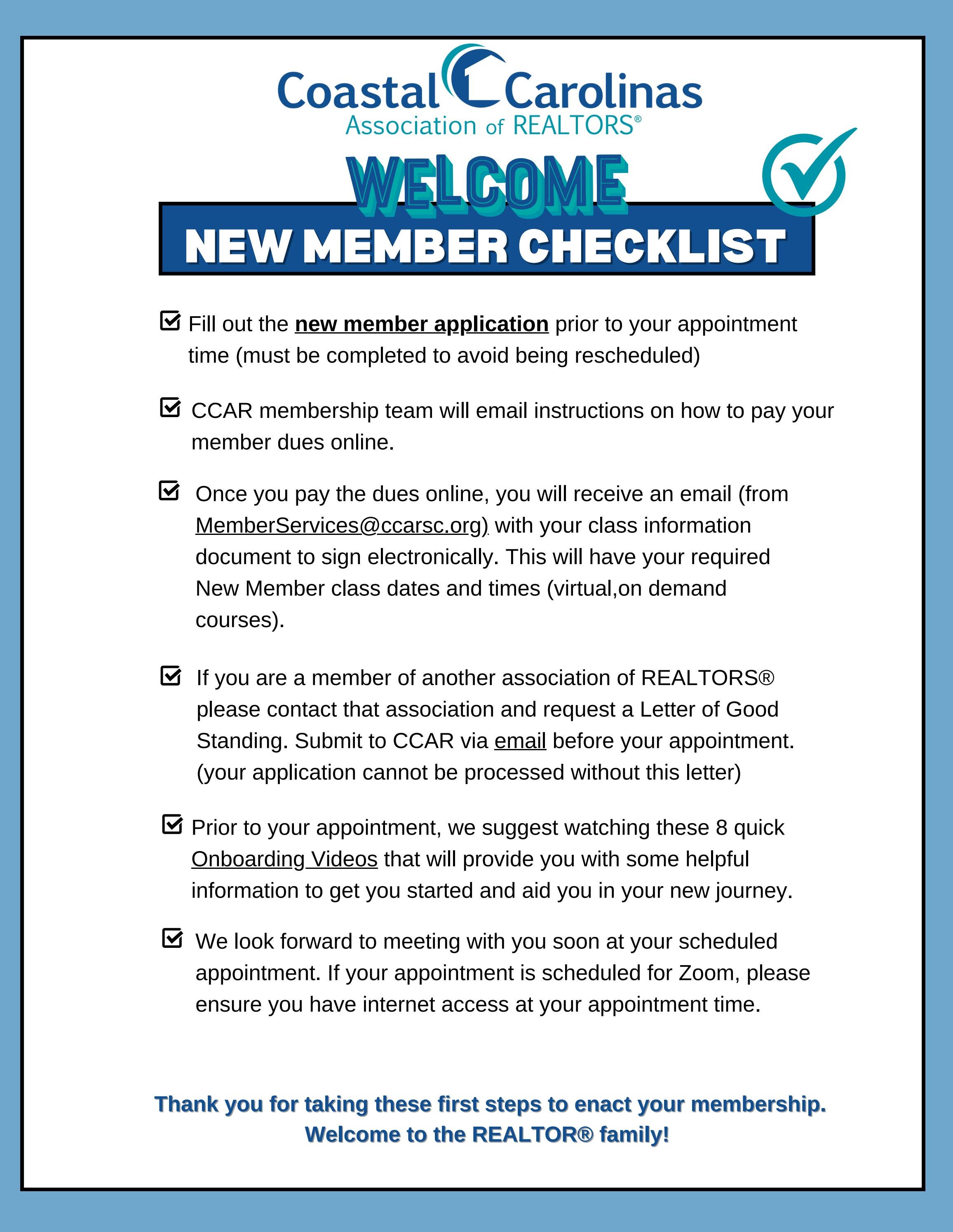 CCAR New Member Checklist by Coastal Carolinas Association of REALTORS ...
