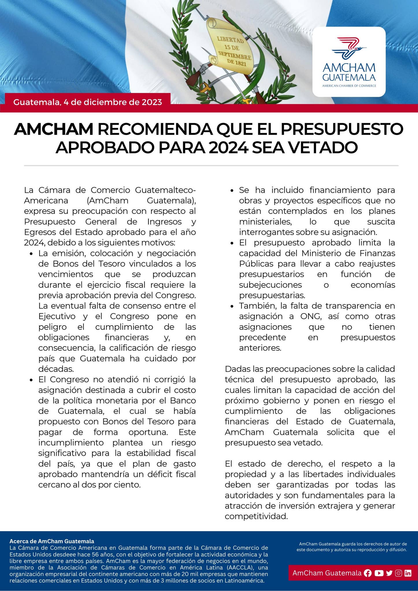 AMCHAM RECOMIENDA QUE EL PRESUPUESTO APROBADO PARA 2024 SEA VETADO by AmCham Guatemala - Issuu