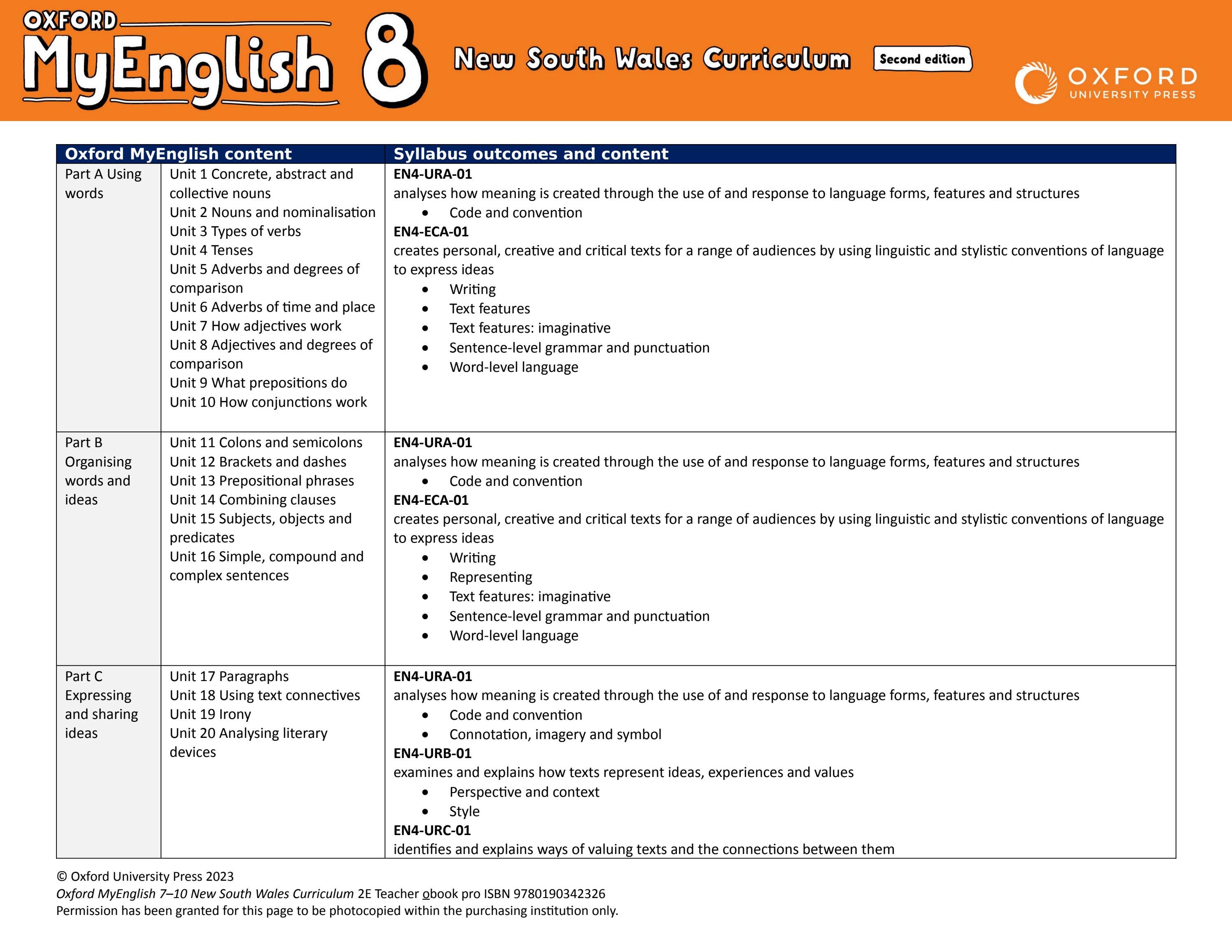 Oxford MyEnglish Year 8 NSW Curriculum sample curriculum grid by OUPANZ ...
