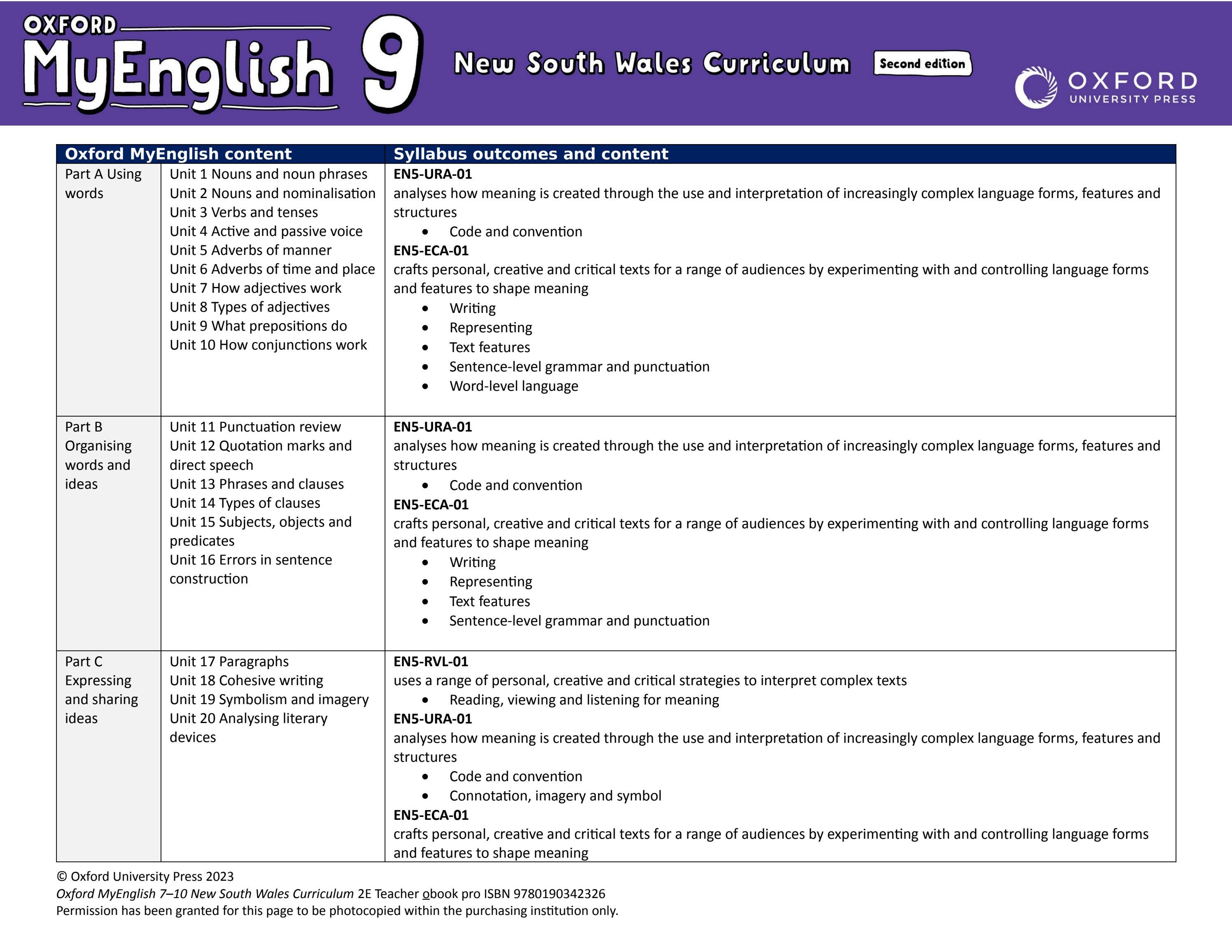 Oxford MyEnglish Year 9 NSW Curriculum sample curriculum grid by OUPANZ ...