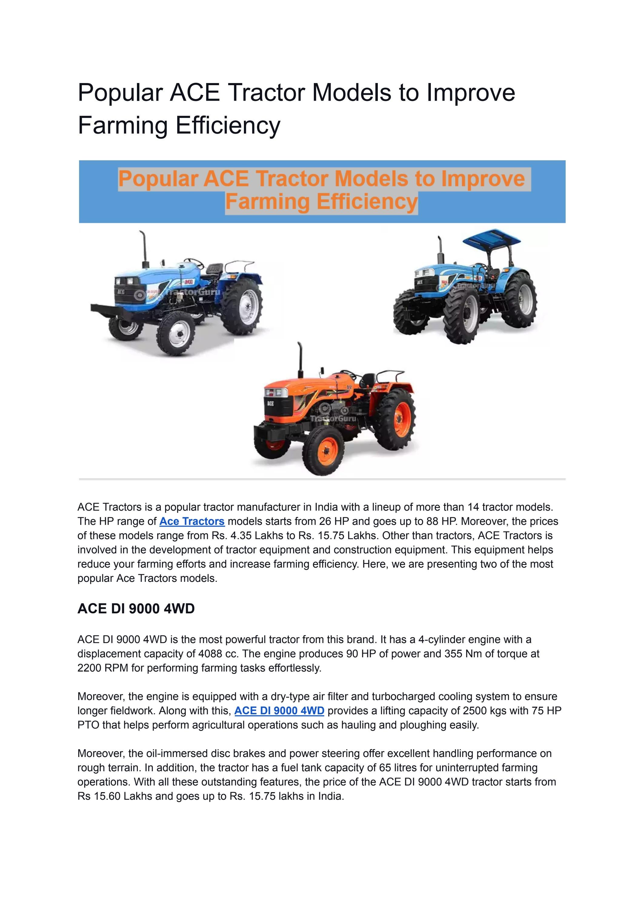 Popular ACE Tractor Models to Improve Farming Efficiency by Rashi ji ...