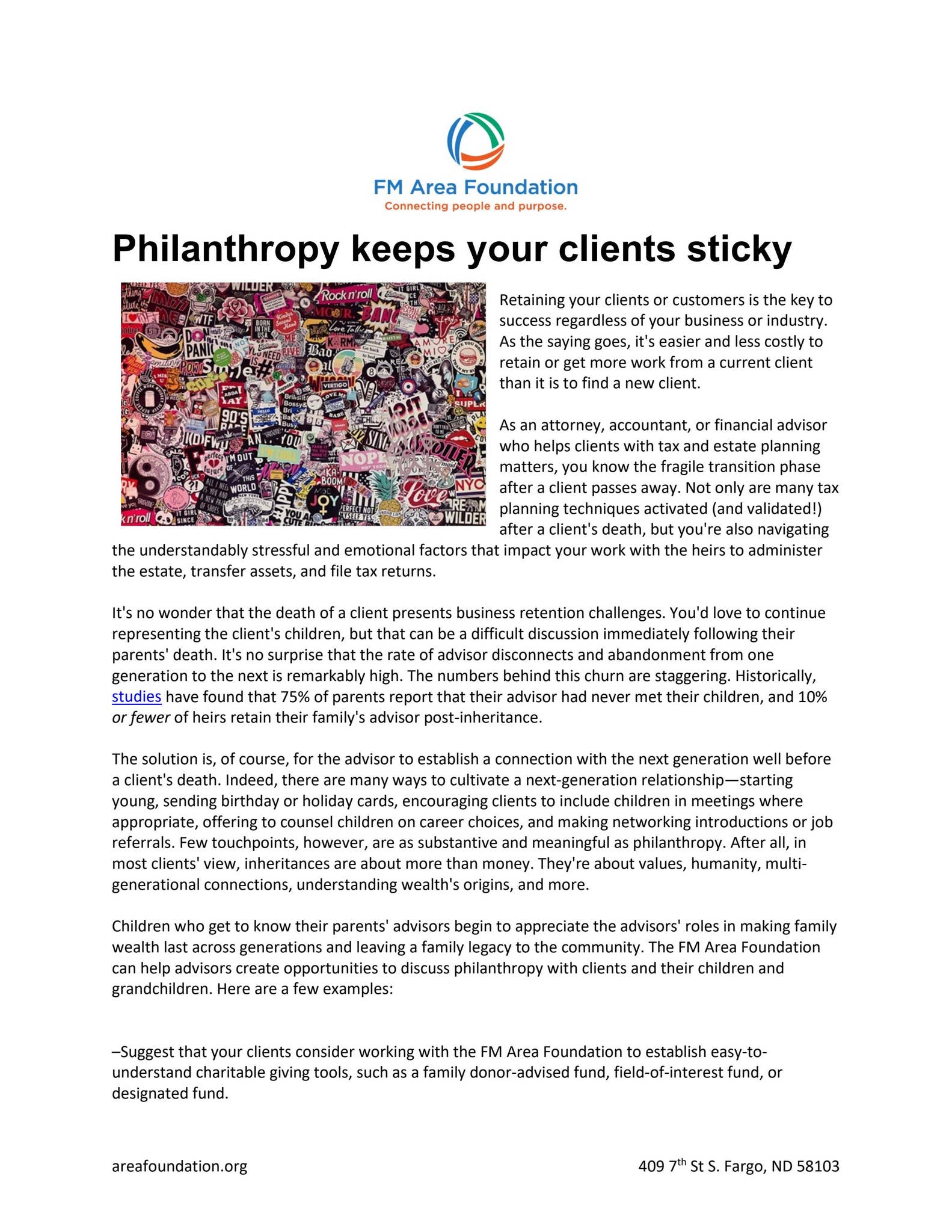 Philanthropy keeps your clients sticky by FM Area Foundation - Issuu