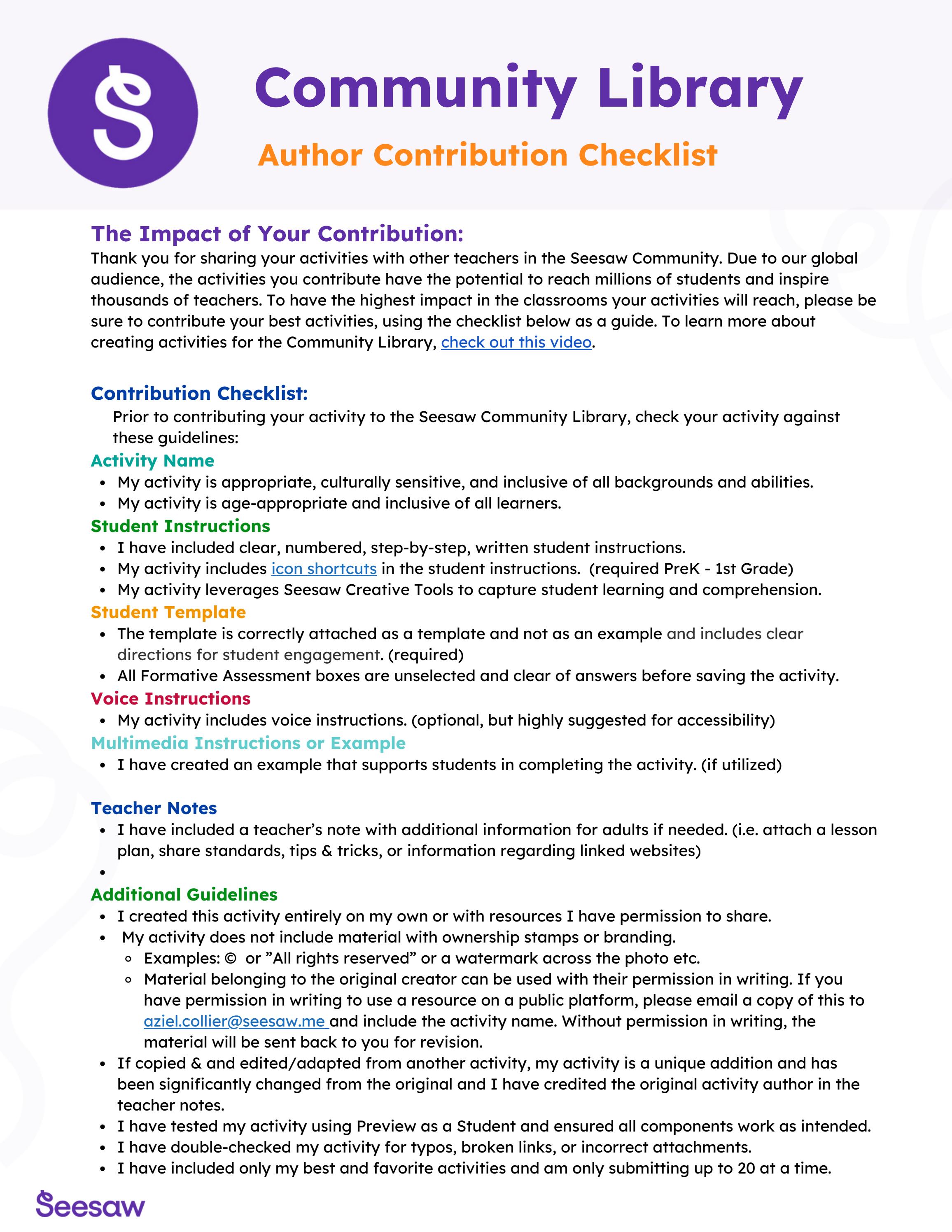 Community Library Author Contribution Checklist by seesawlearning - Issuu
