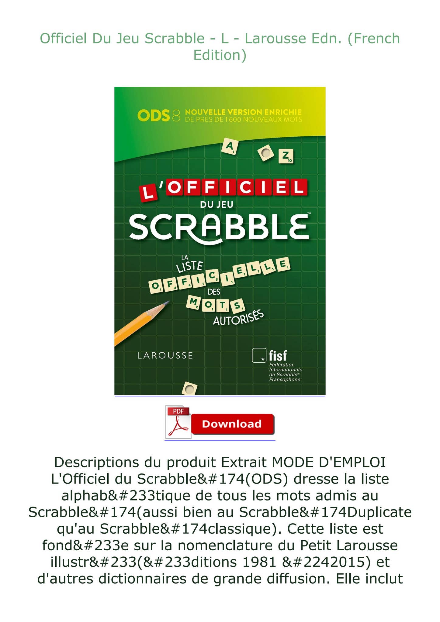 Read ebook [ PDF] Officiel Du Jeu Scrabble - L - Larousse Edn. (French ...