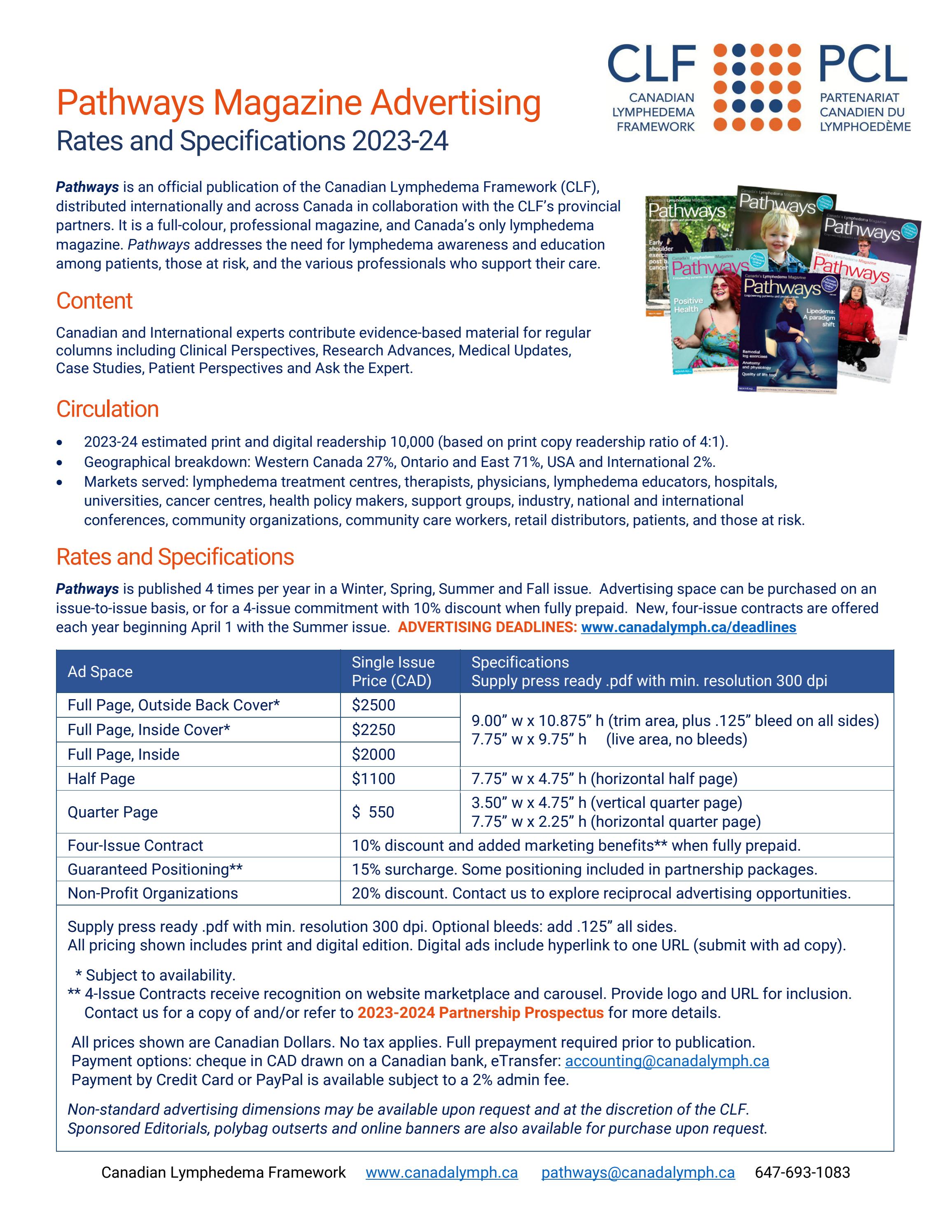 Pathways Magazine Advertising Rate Card by Canadian Lymphedema ...