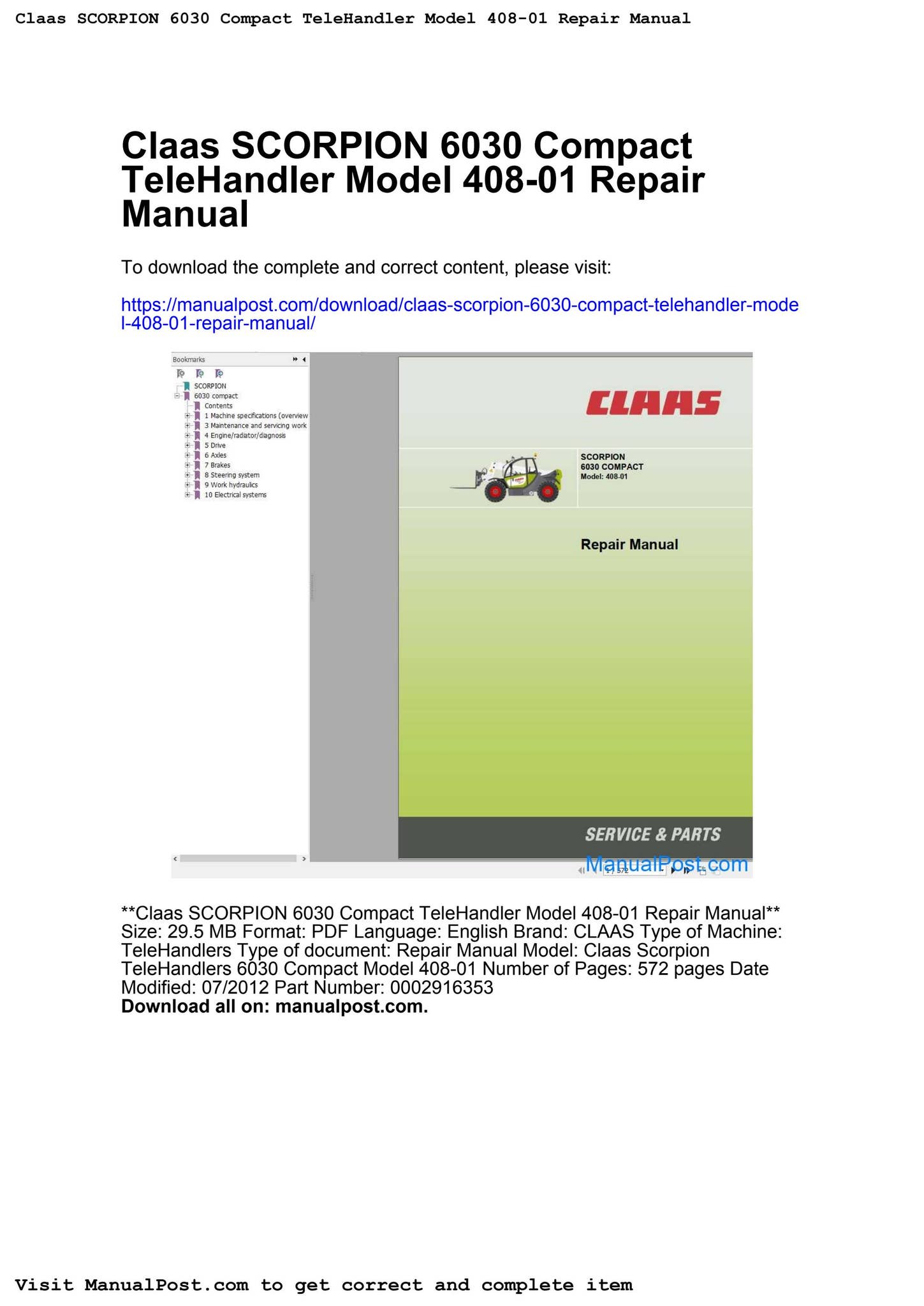 Claas scorpion 6030 compact telehandler model 408 01 repair manual by ...