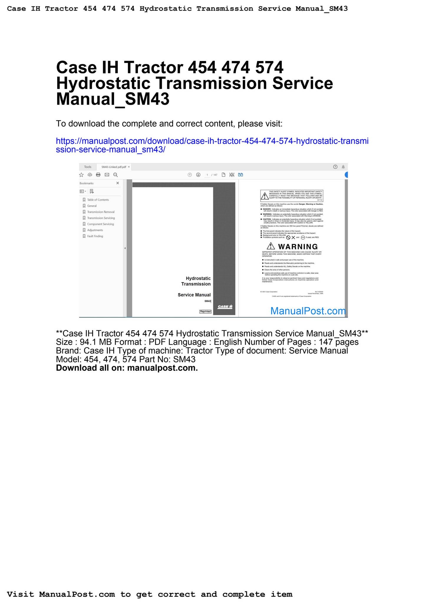 Case ih tractor 454 474 574 hydrostatic transmission service manual ...