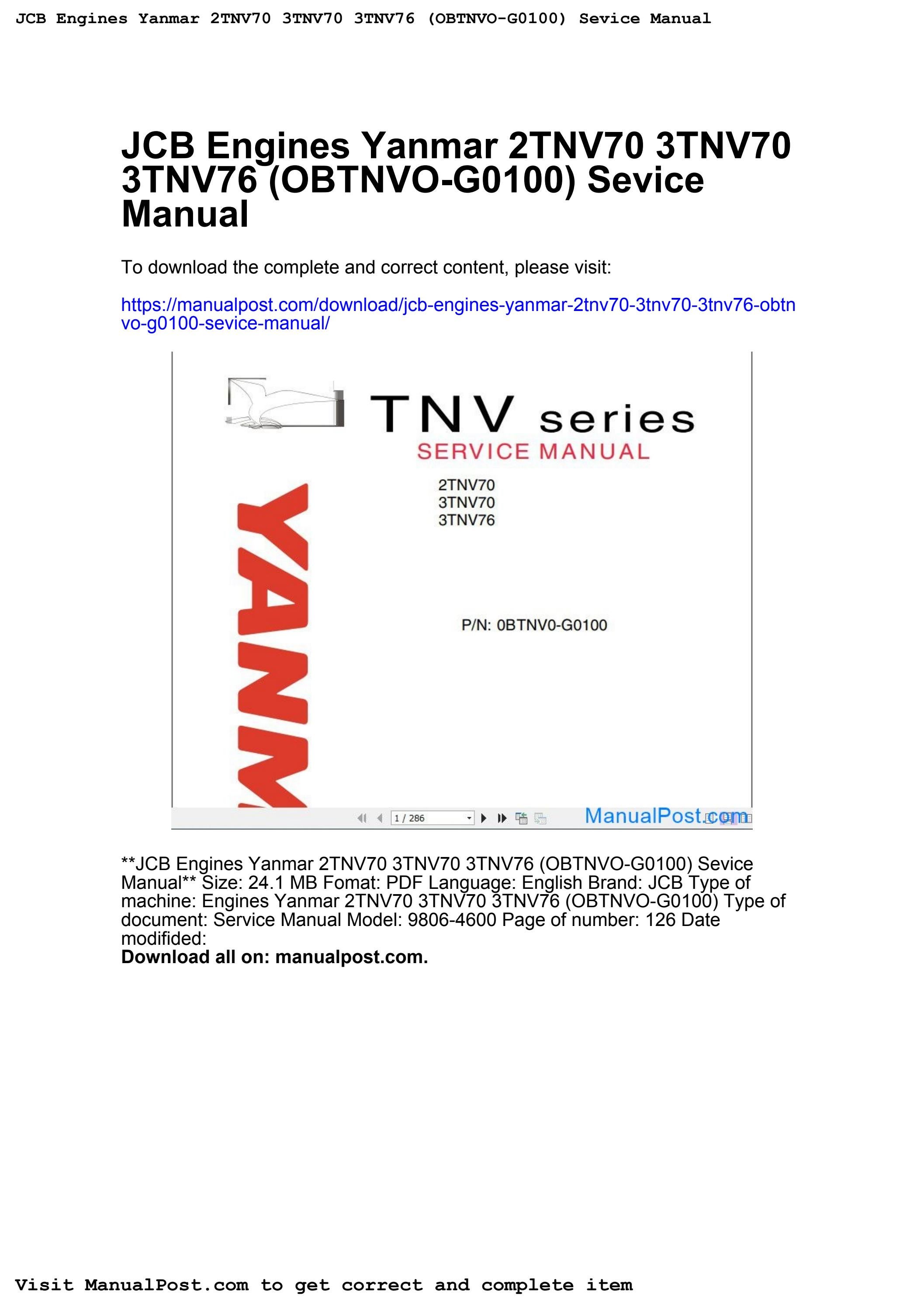 Jcb engines yanmar 2tnv70 3tnv70 3tnv76 obtnvo g0100 sevice manual by ...