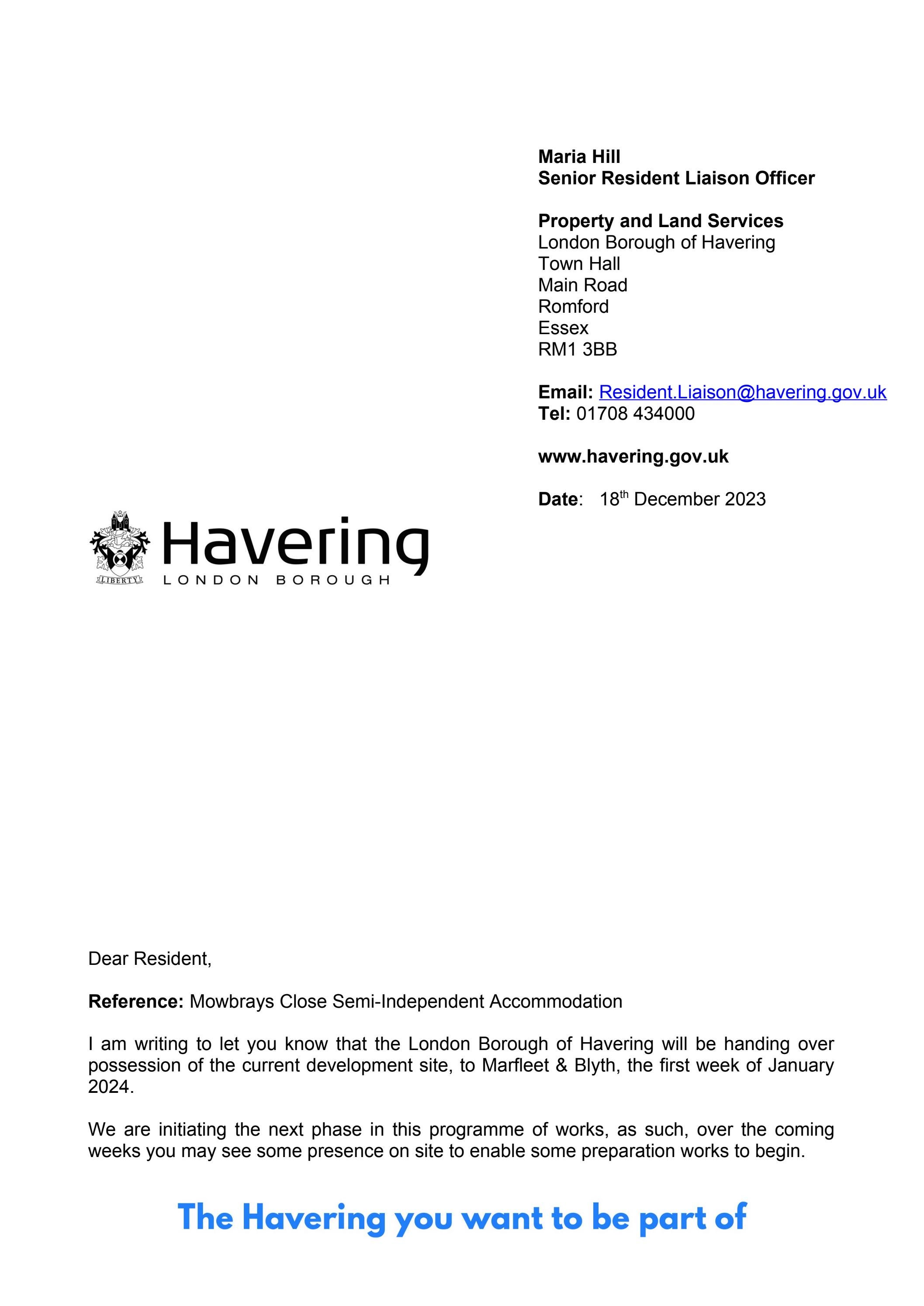 Letter to residents of Mowbrays Close, on the proposed start of works ...