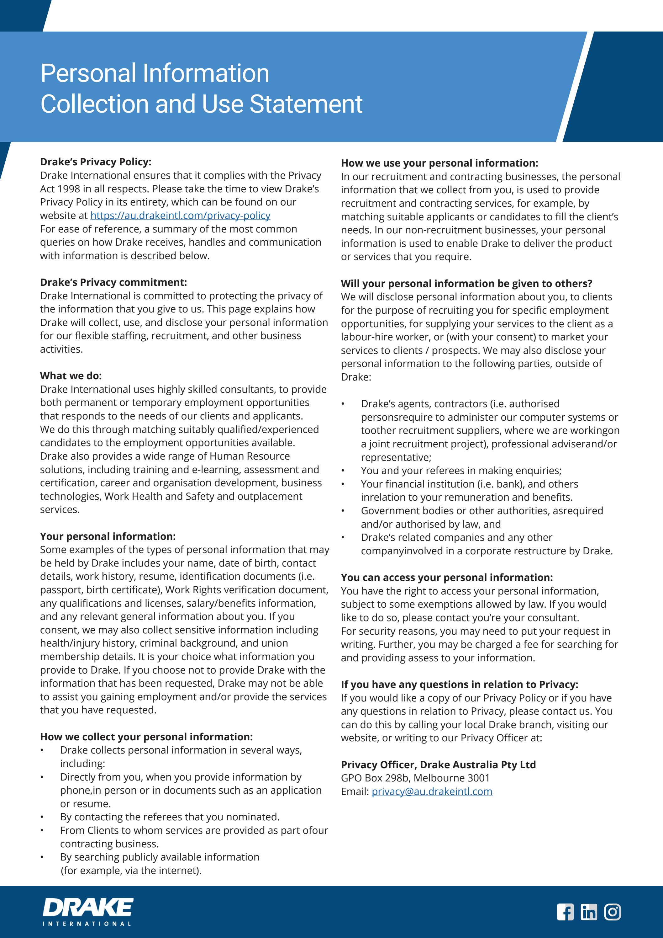 Personal Information Collection and Use Statement by DrakeANZ - Issuu