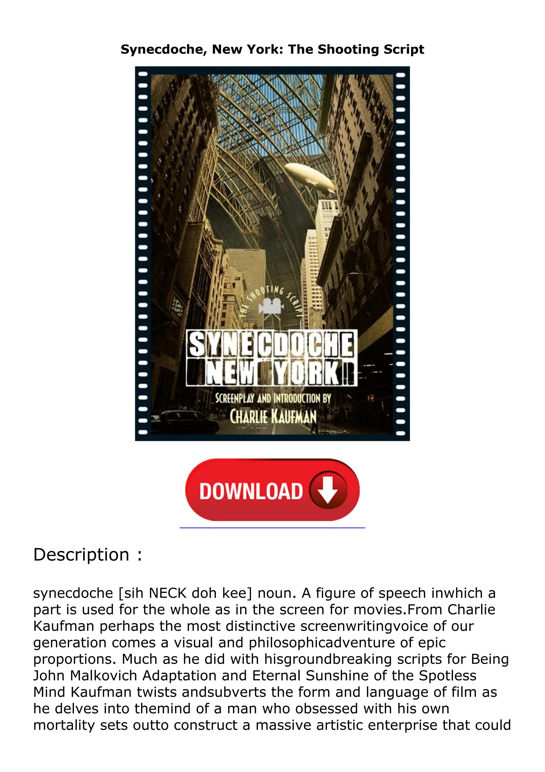 PDF Download Synecdoche, New York: The Shooting Script by ...
