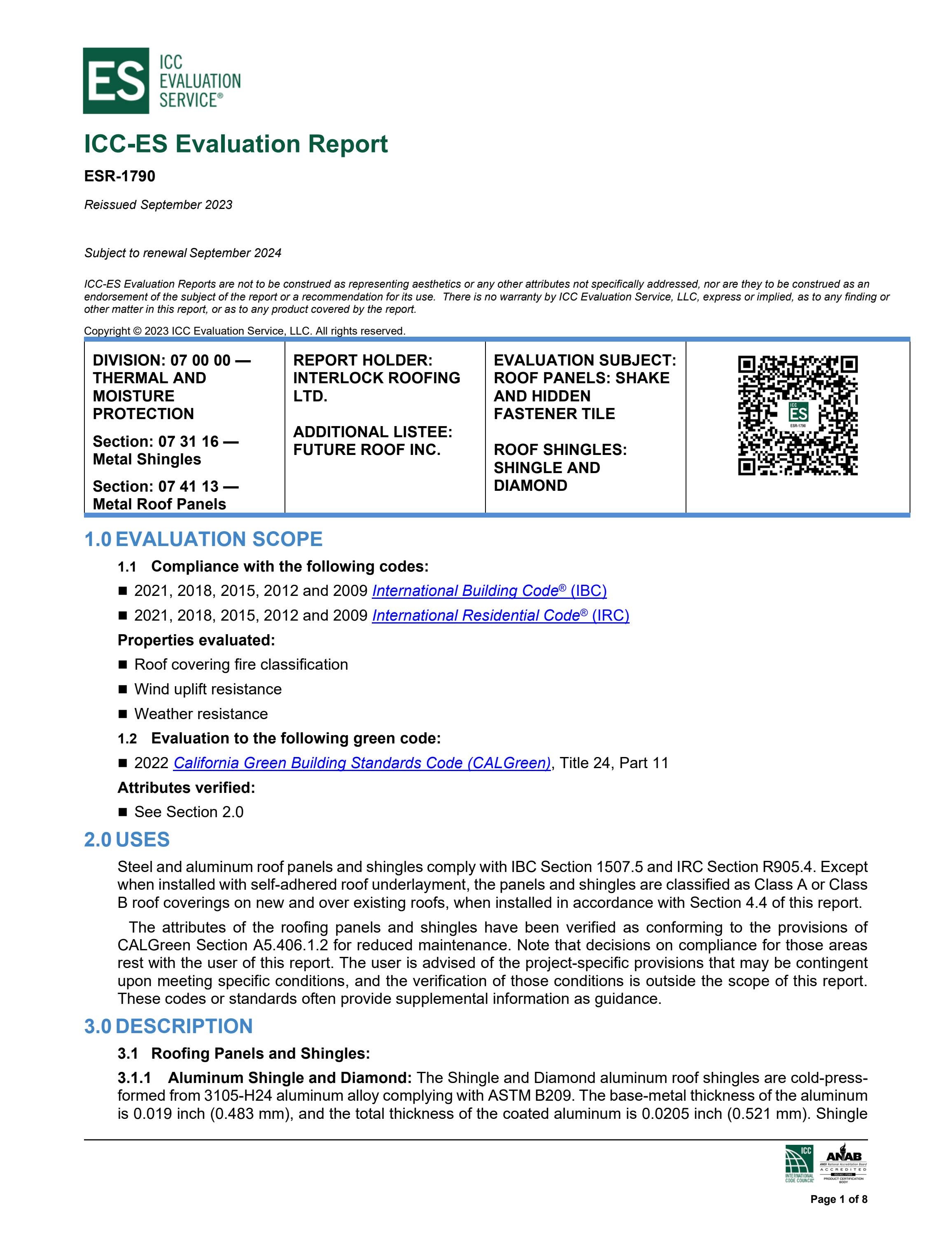 ICC Evaluation Report 1790 by Interlock Metal Roofing - Issuu
