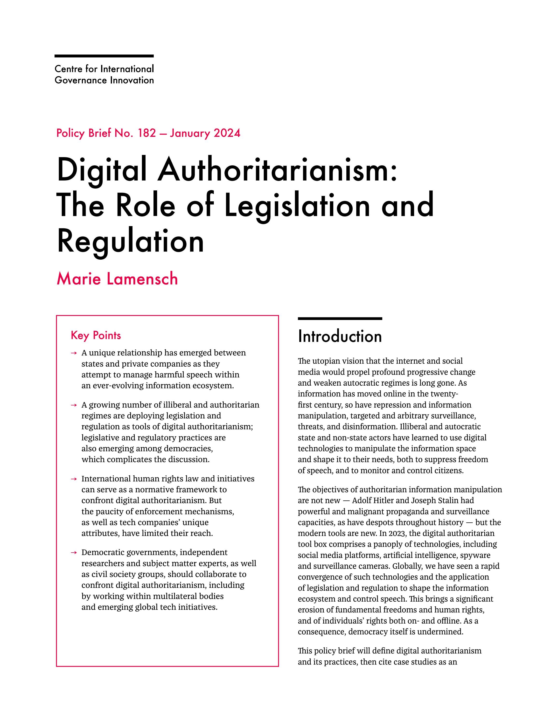 Digital Authoritarianism: The Role of Legislation and Regulation by Centre for International ...