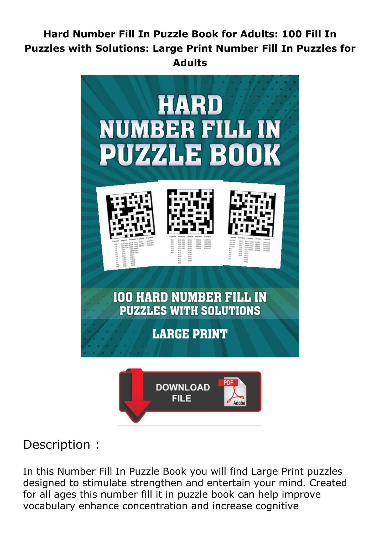 free read ( ️pdf ️) Hard Number Fill In Puzzle Book for Adults: 100 ...