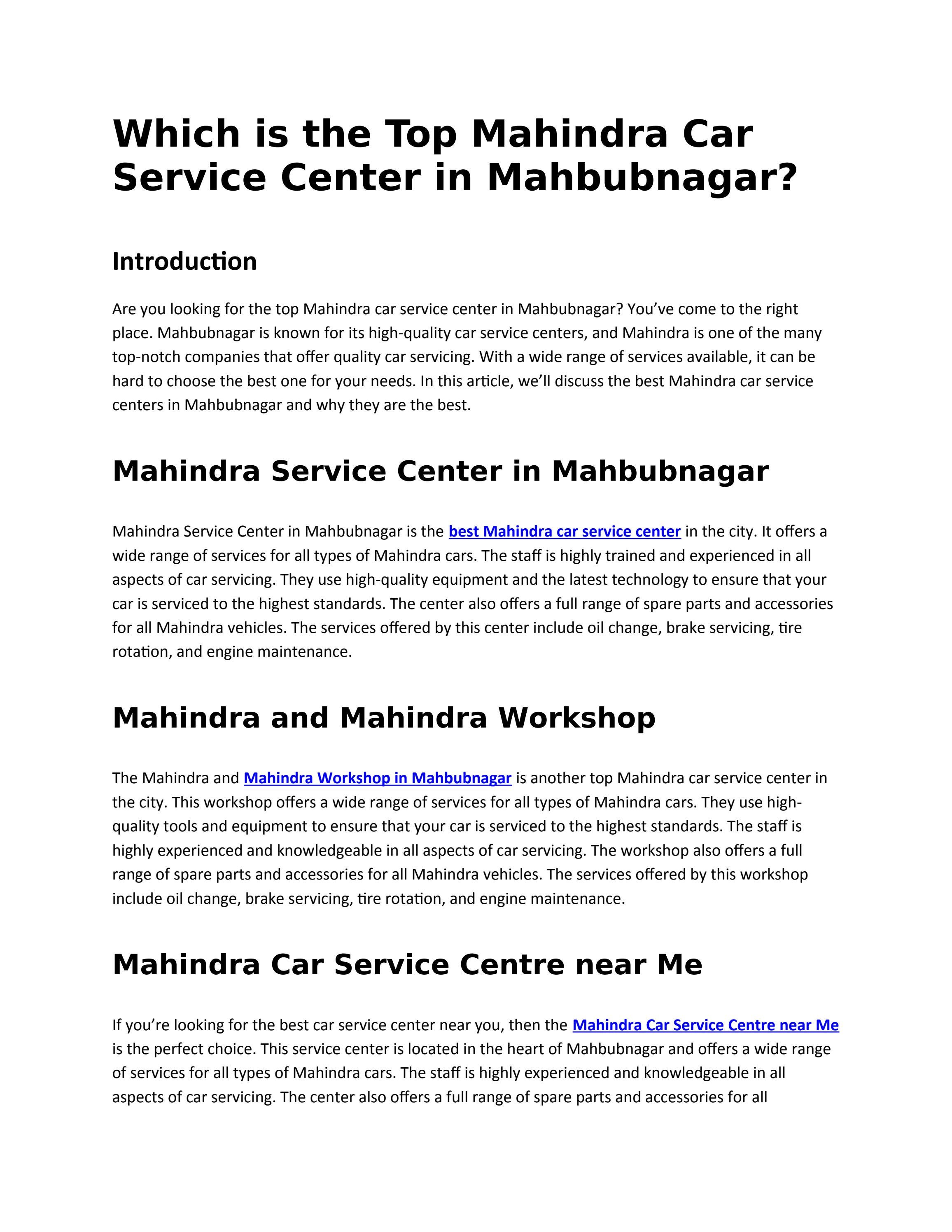 Which is the Top Mahindra Car Service Center in Mahbubnagar? by Neon ...