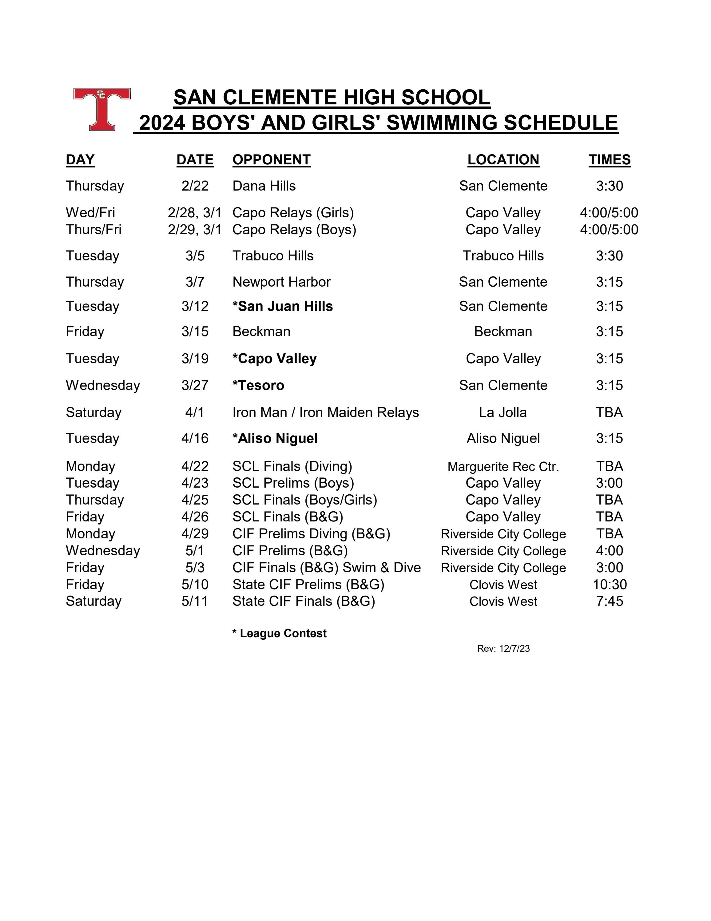 2024 | San Clemente Boys & Girls Swimming Schedule by PREPS 365 - Issuu