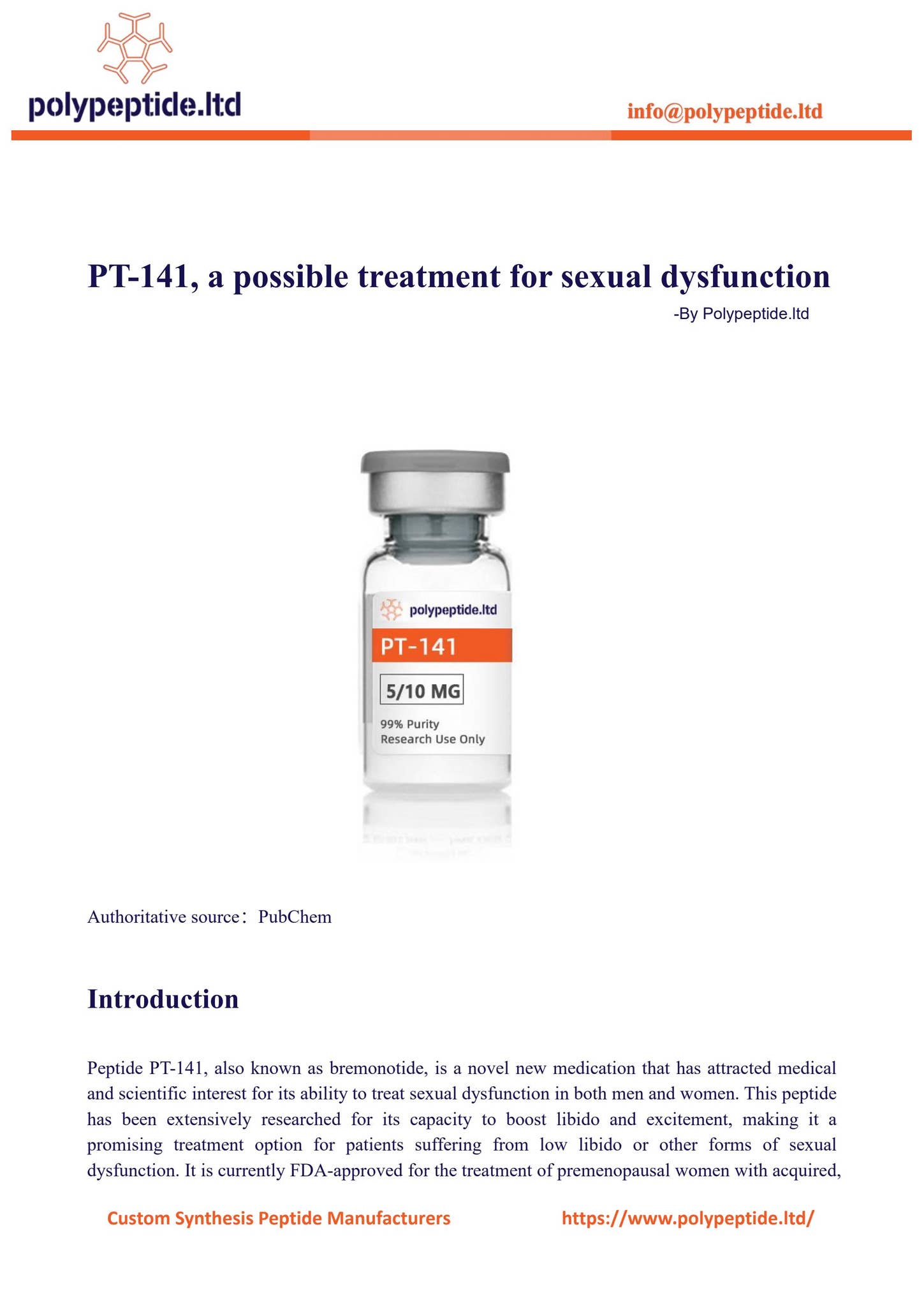 PT-141, a possible treatment for sexual dysfunction by Peptide.ltd ...