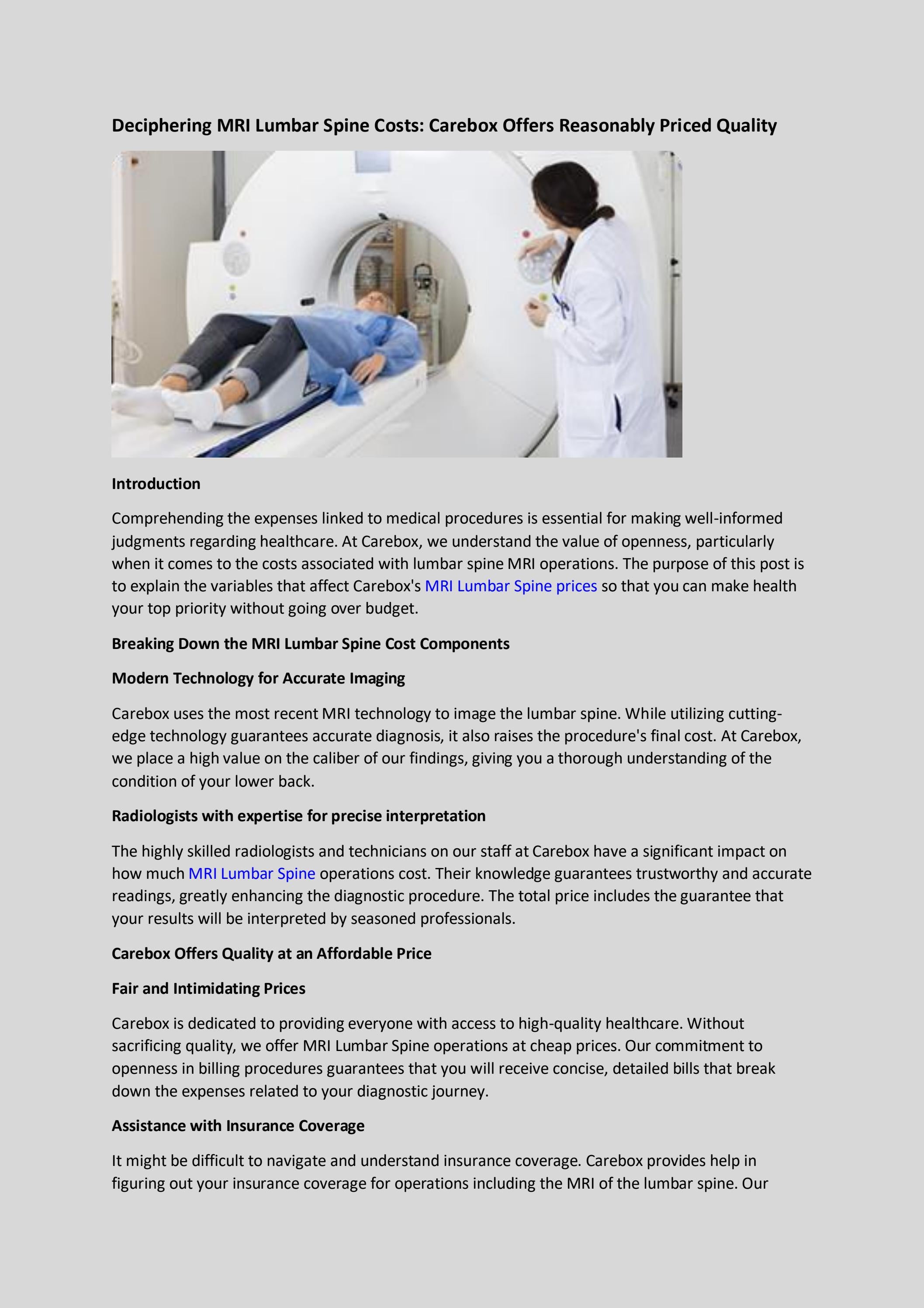 Deciphering MRI Lumbar Spine Costs: Carebox Offers Reasonably Priced ...