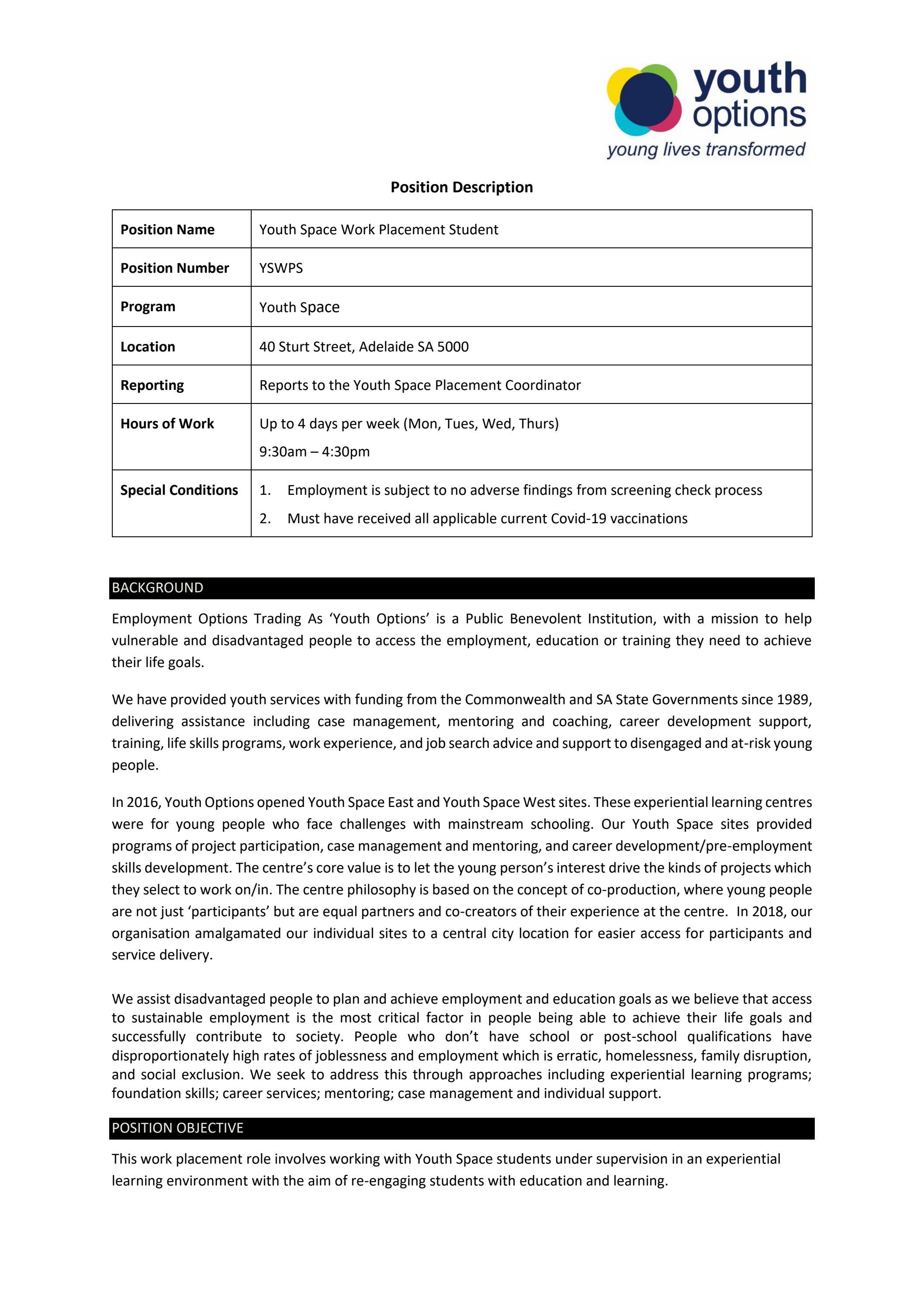 Work Placement Student Position Description by Employment Options Inc ...