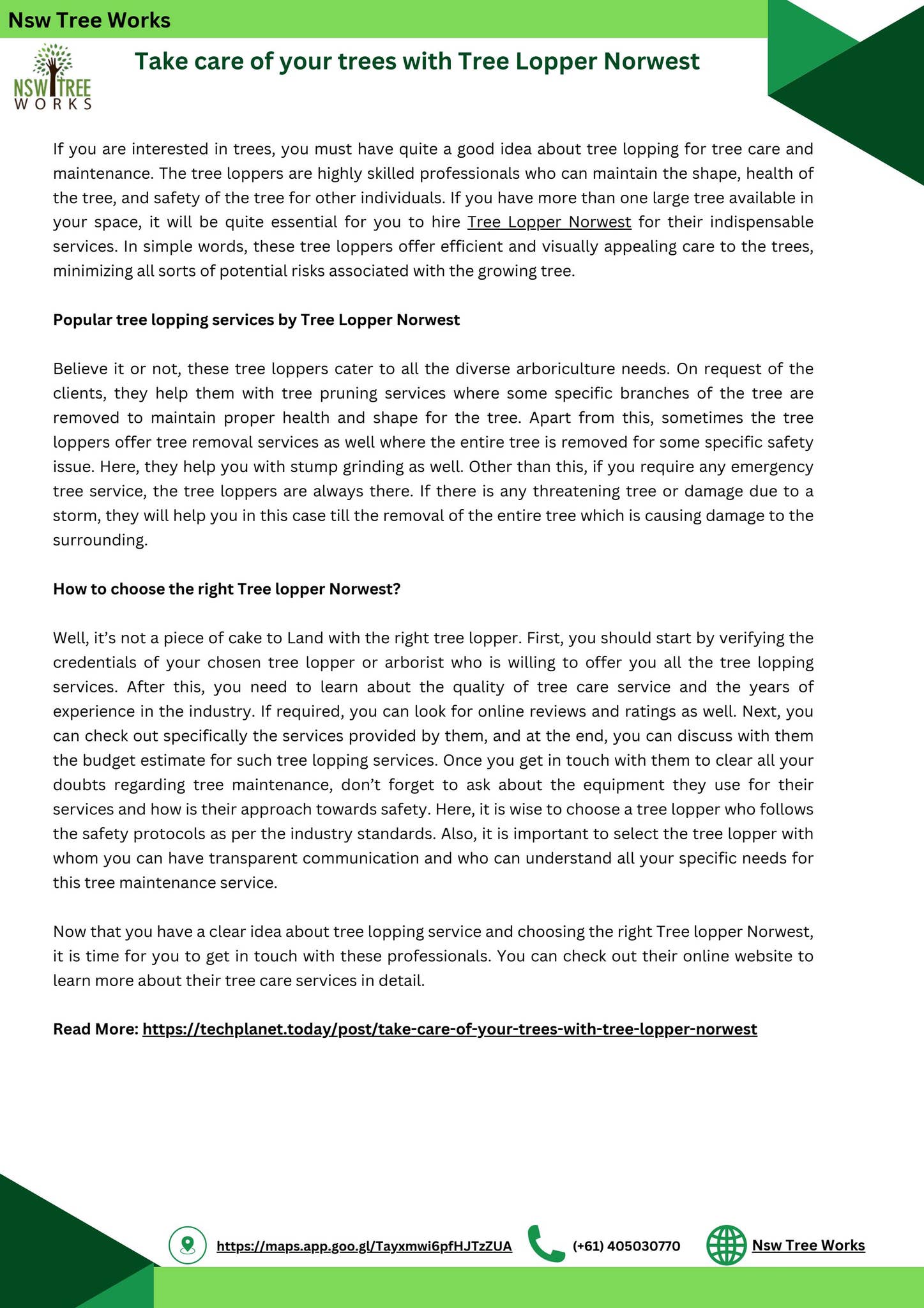 Take care of your trees with Tree Lopper Norwest by NSW TreeWorks - Issuu