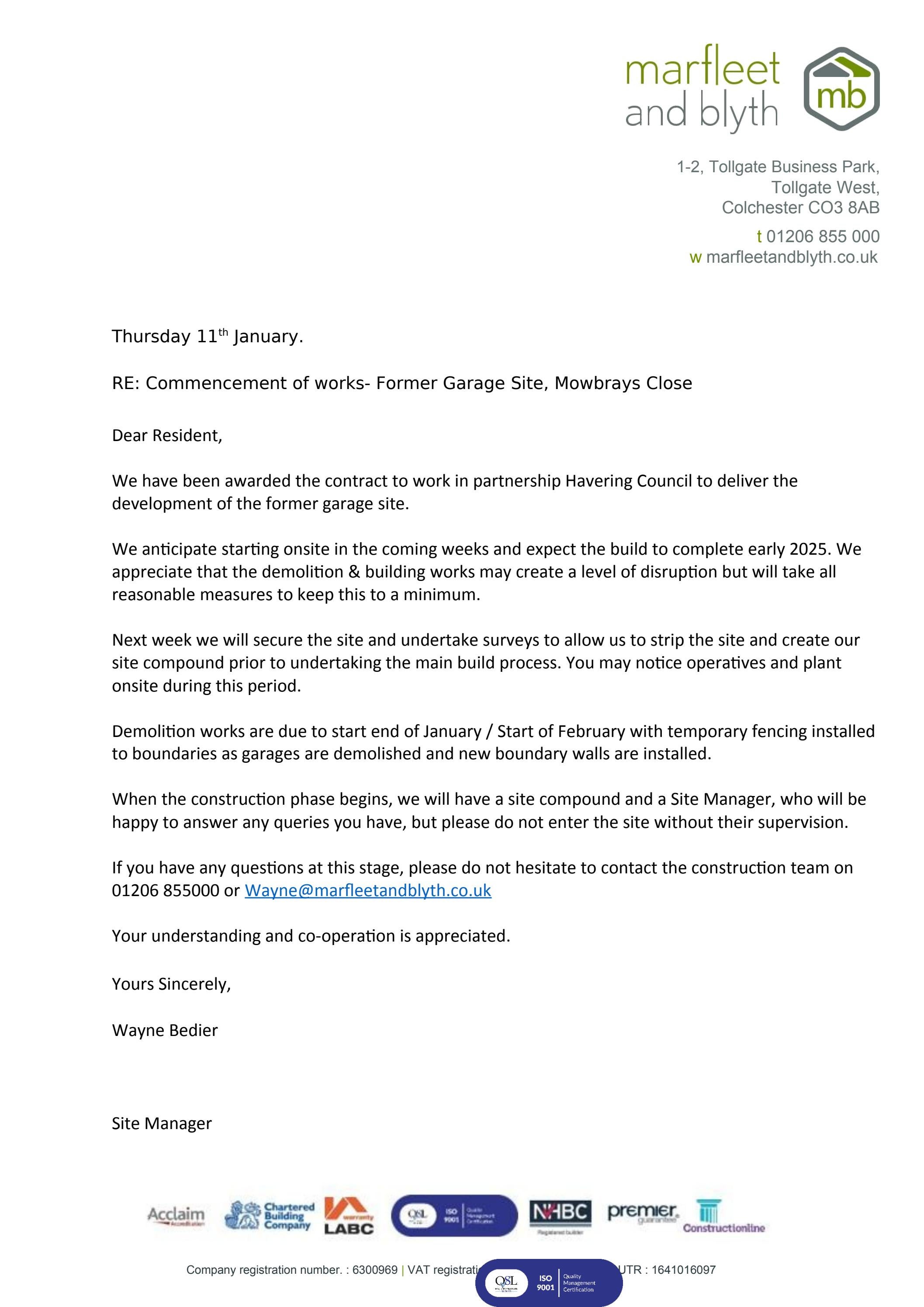 Introduction letter from Marfleet and Blyth contractors to Mowbrays ...