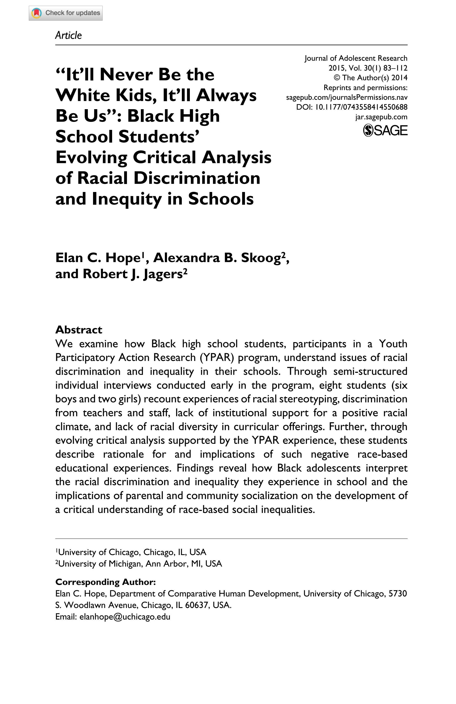 Black High School Students’ Evolving Critical Analysis of Racial by ...