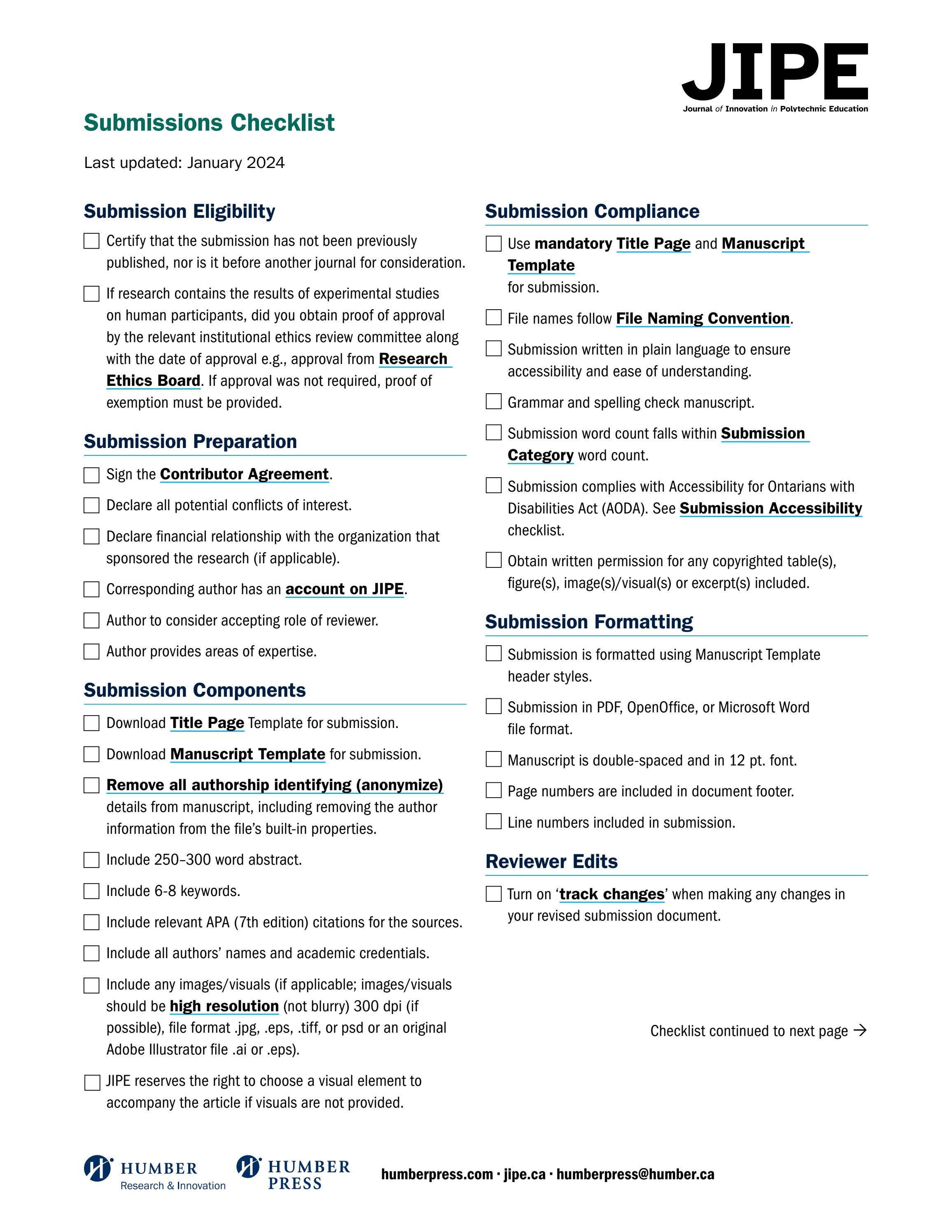 JIPE Submission Checklist by Humber Research & Innovation - Issuu