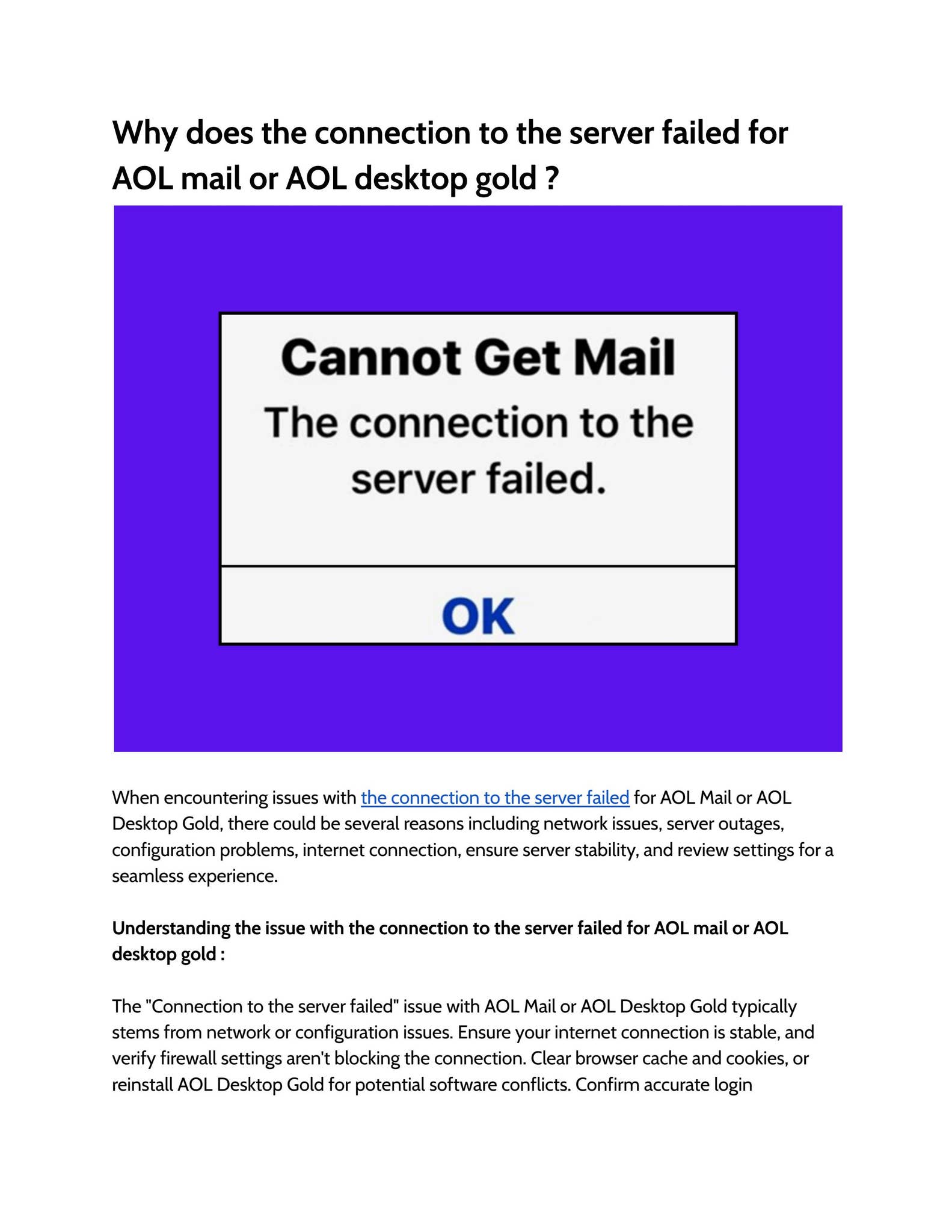Why does the connection to the server failed for AOL mail or AOL ...