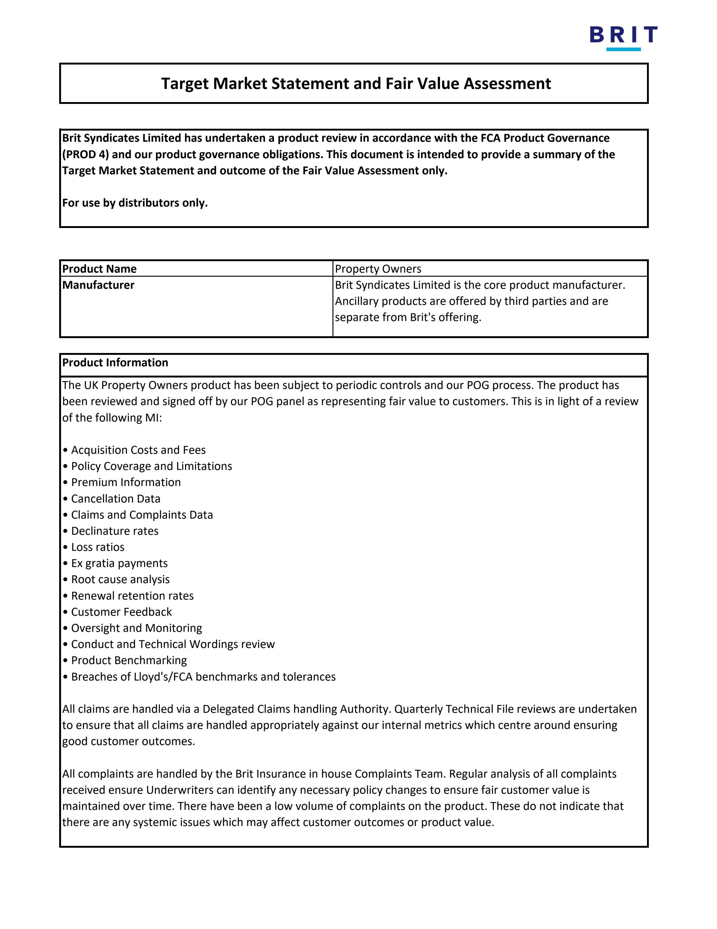Brit Property Owners Target MArket Statement and Fair Value Assessment ...