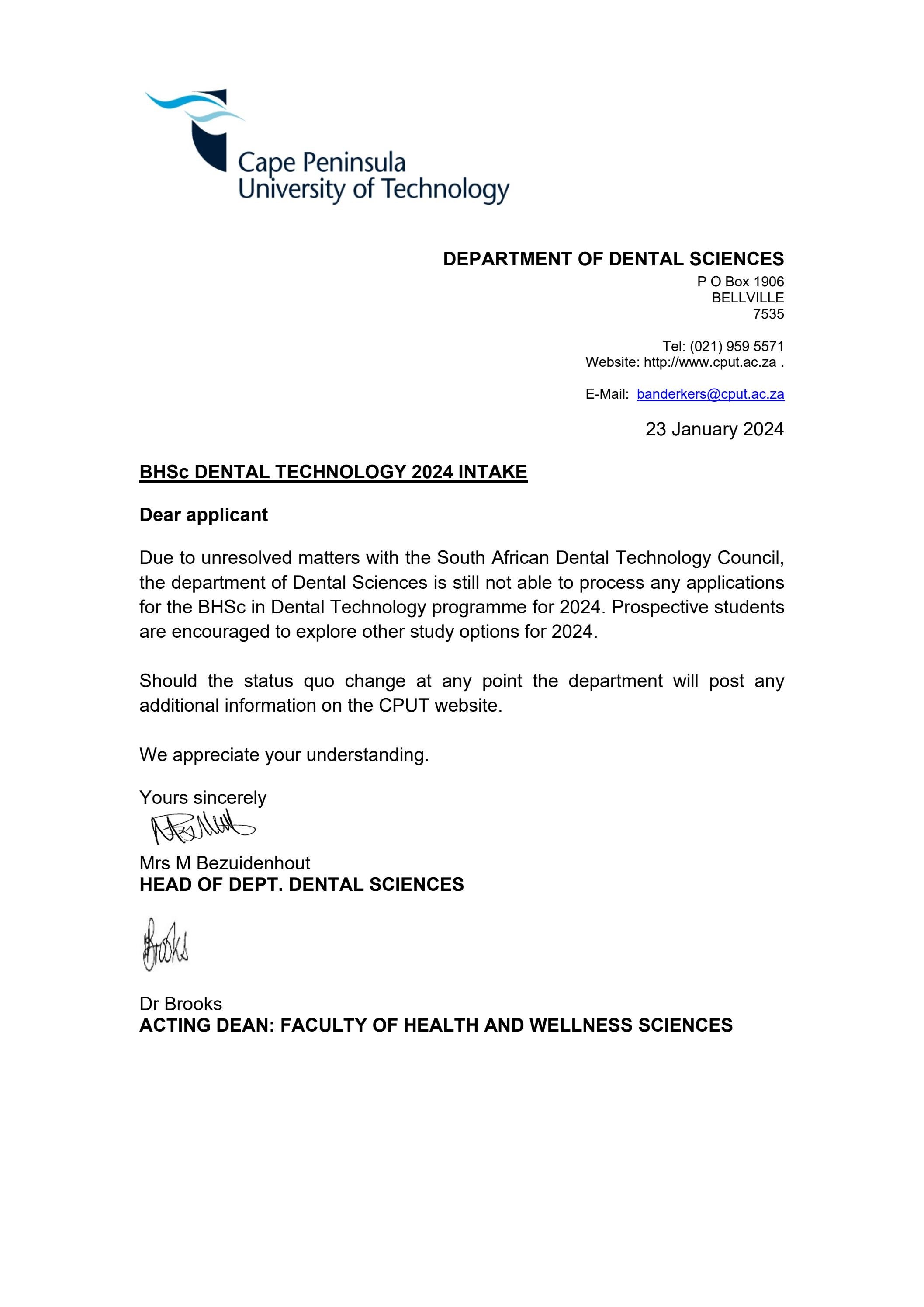 Dental Sciences - 2024 Intake Letter by Cape Peninsula University of ...