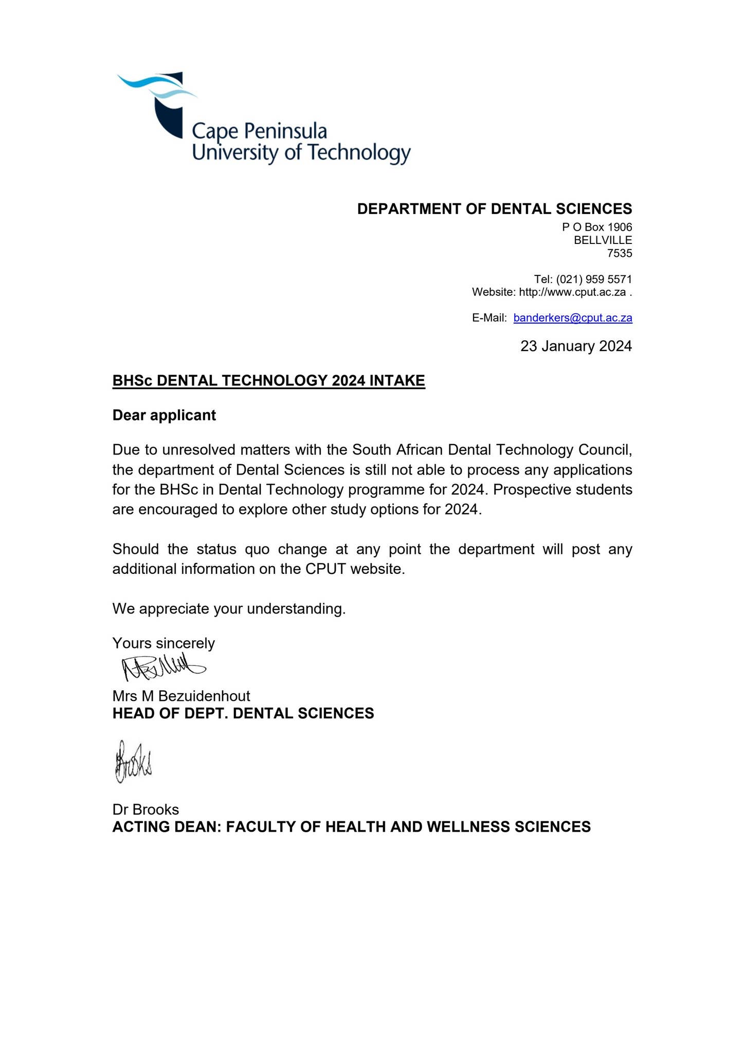 Dental Sciences - 2024 Intake Letter by Cape Peninsula University of ...