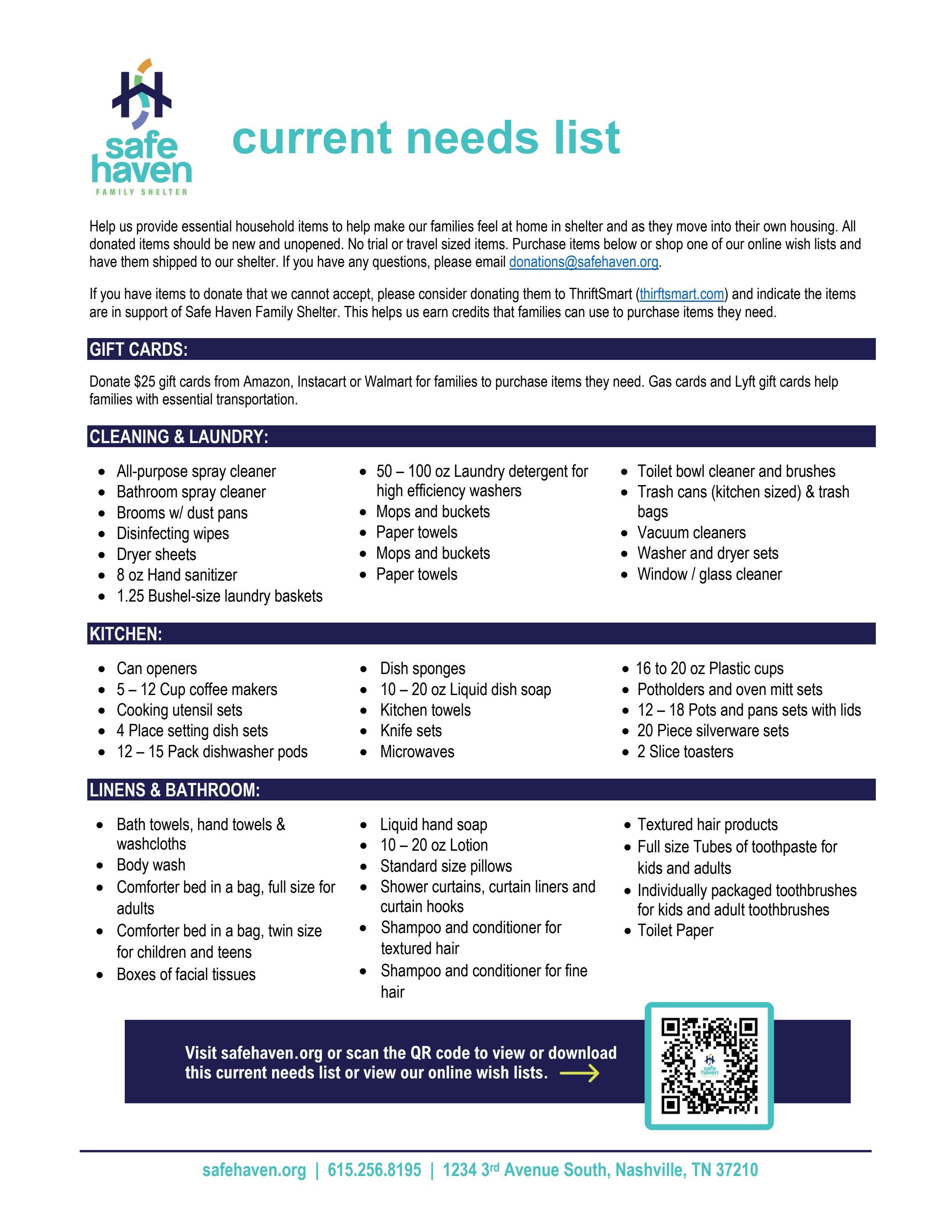 Current Needs List - Safe Haven Family Shelter by Safe Haven Family ...