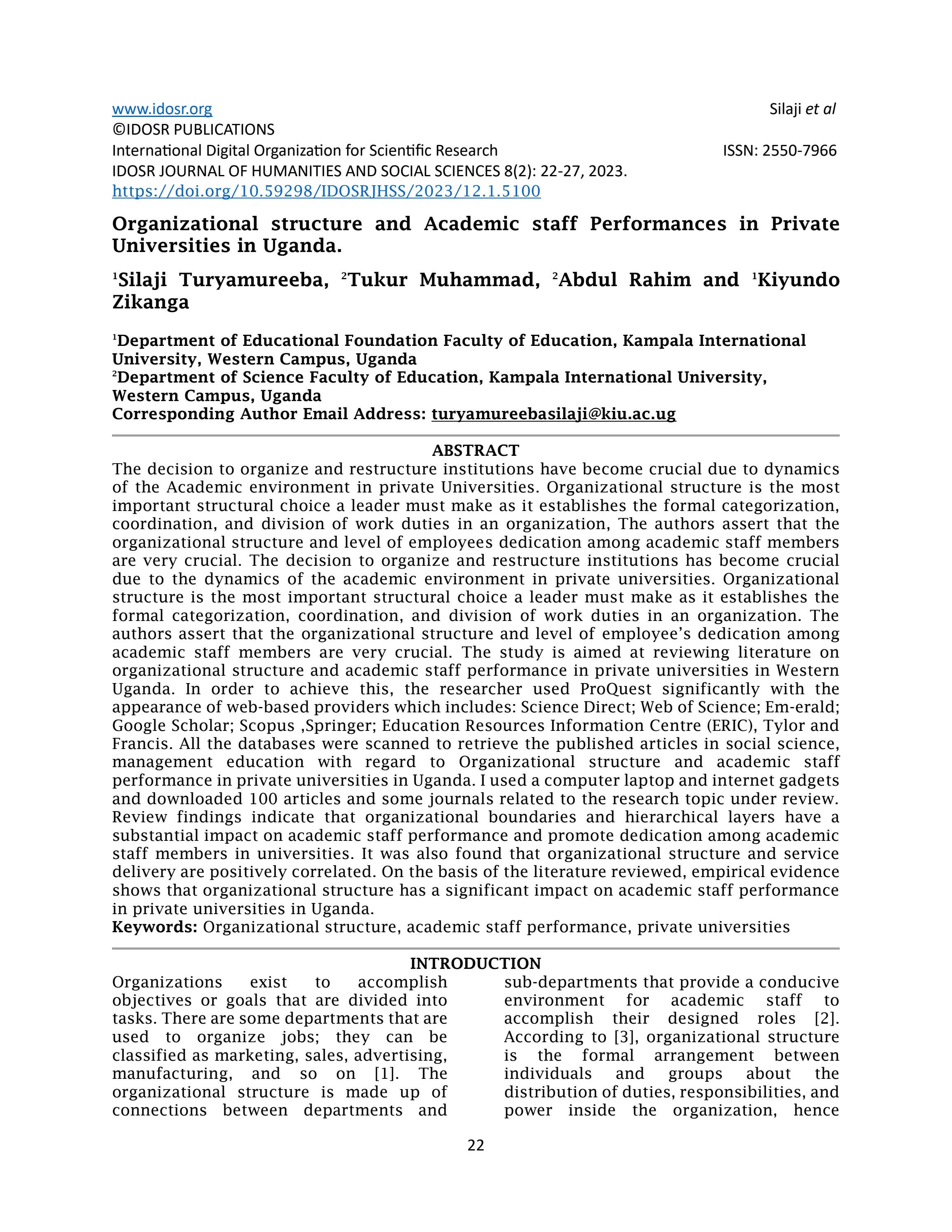 Organizational structure and Academic staff Performances in Private ...